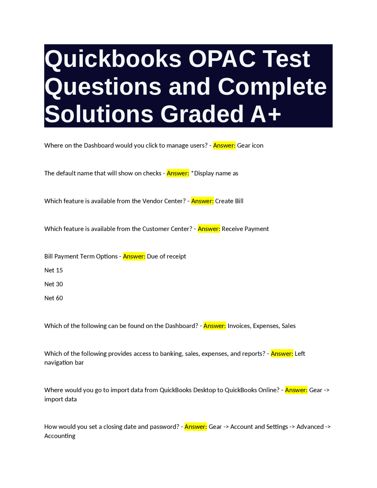 QuickBooks Online OPAC Test: Questions and Solutions | Exams Business ...