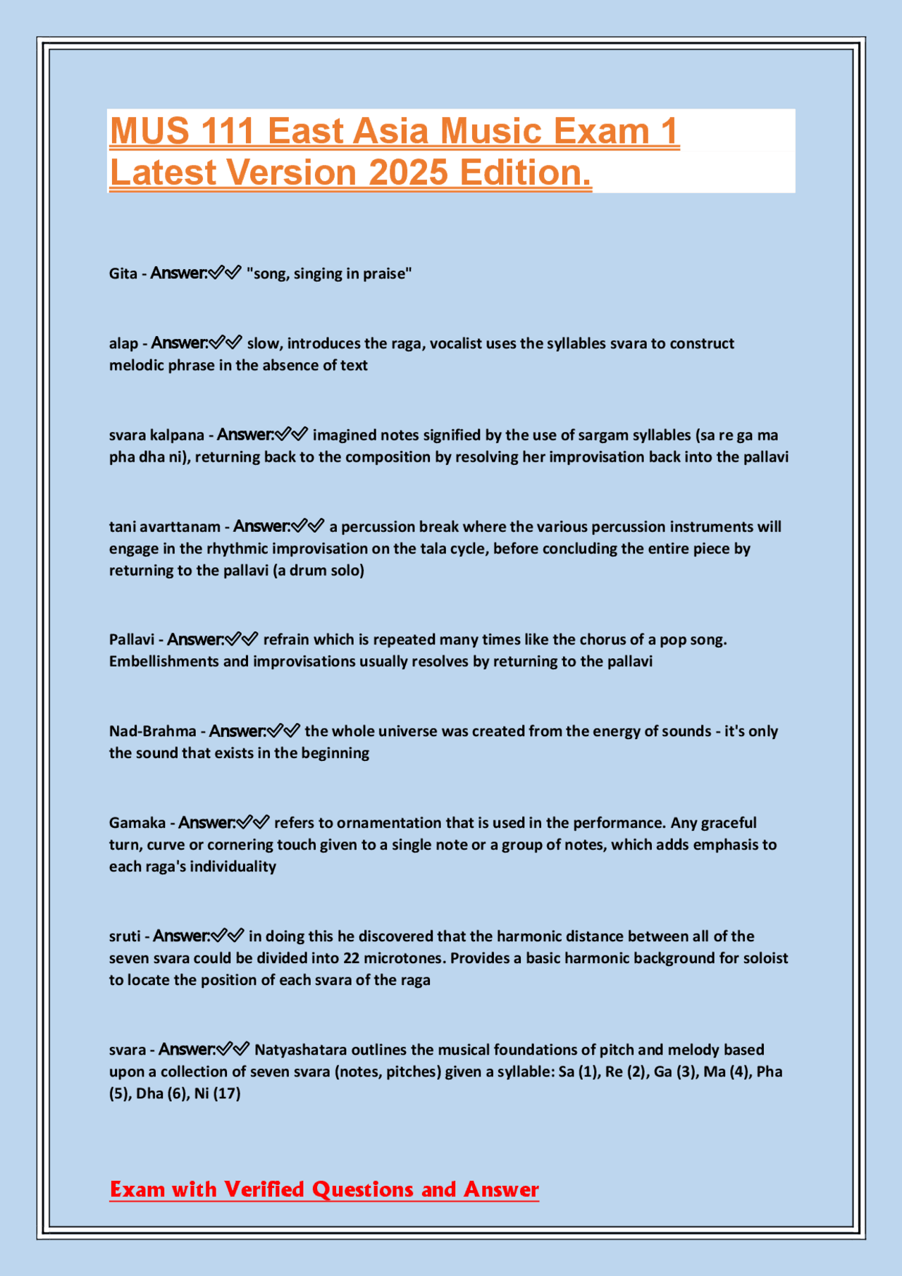 MUS 111 East Asia Music Exam 1 Latest Version 2025 Edition. | Exams ...