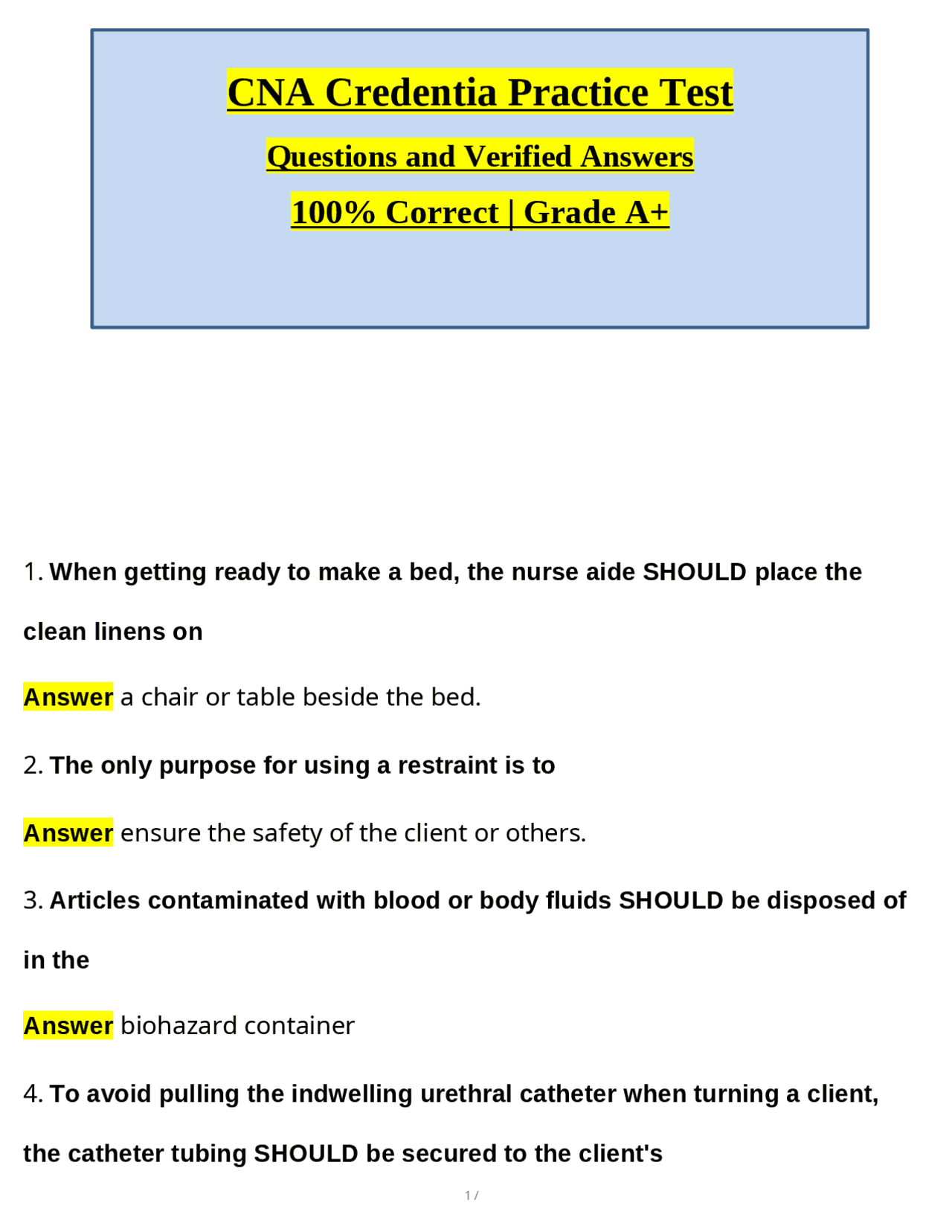 CNA Credentia Practice Test (Latest 2025 / 2026 Update) Questions and ...