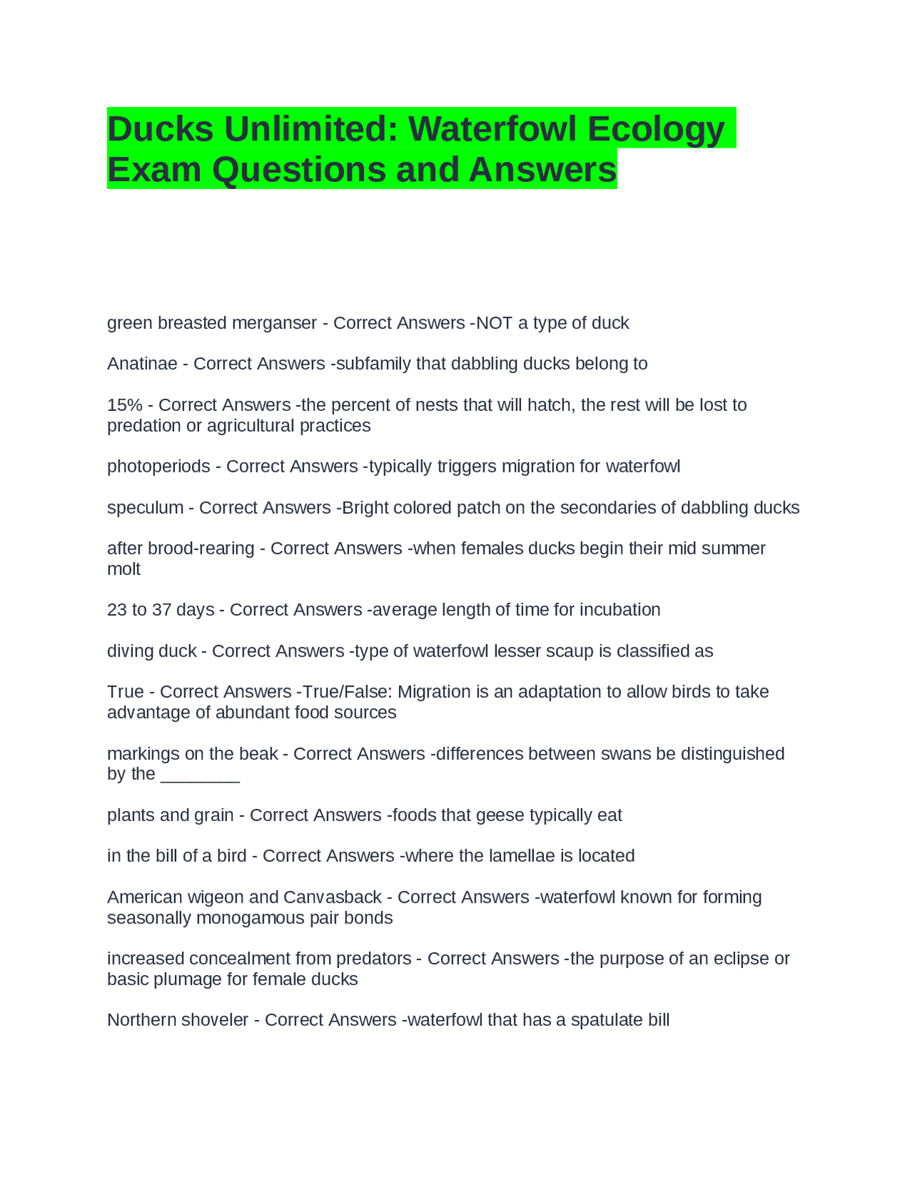 Ducks Unlimited Waterfowl Ecology Exam Questions and Answers | Latest ...