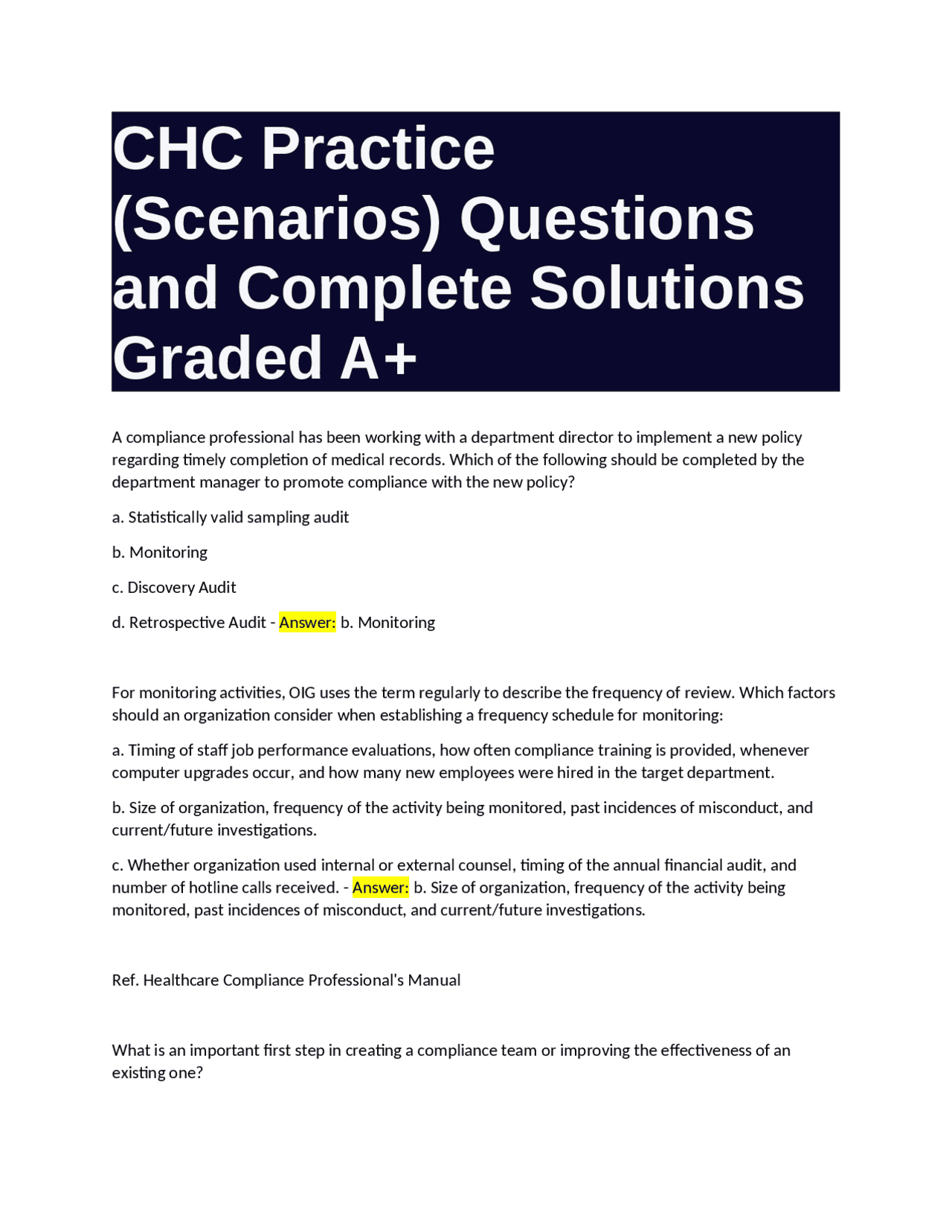 CHC Practice (Scenarios) Questions and Complete Solutions Graded A+ ...