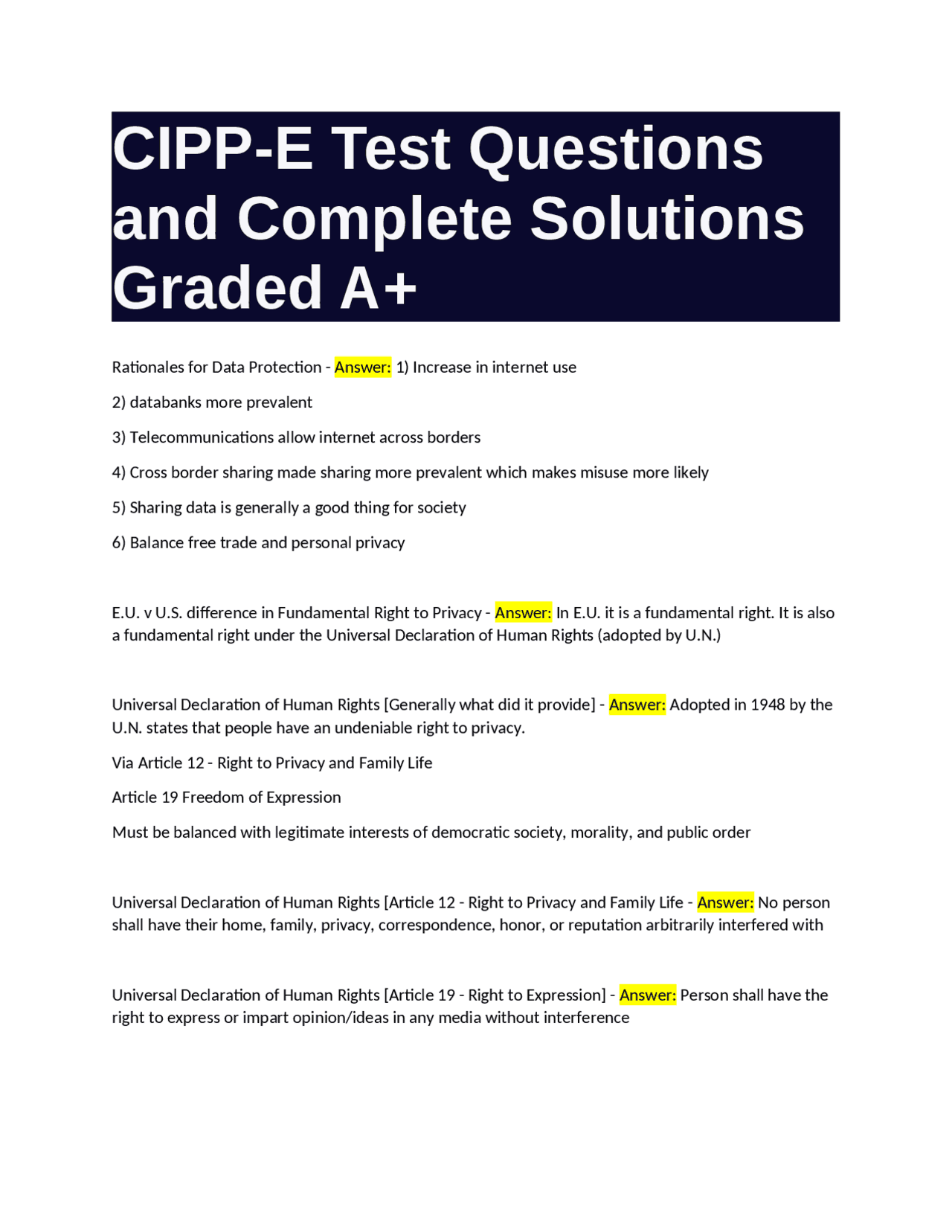 CIPP-E Test Questions and Complete Solutions Graded A+ | Exams Law ...