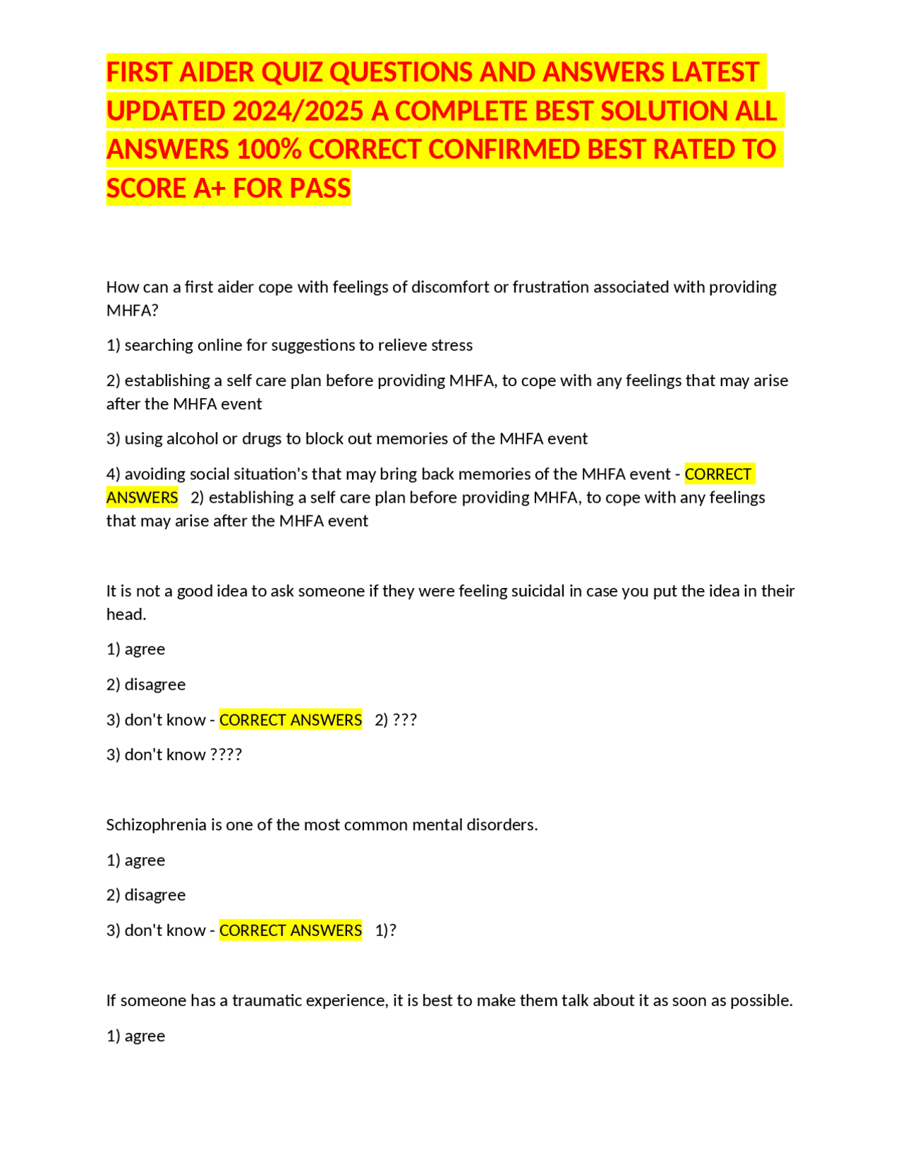 FIRST AIDER QUIZ QUESTIONS AND ANSWERS LATEST UPDATED 2024/2025 A ...