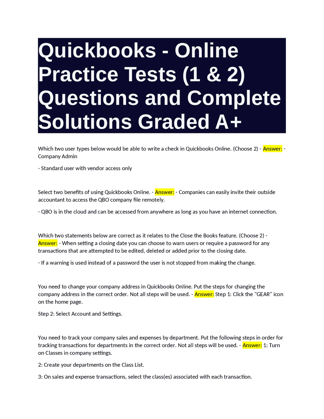 Quickbooks Online Practice Tests: Questions and Solutions | Exams ...