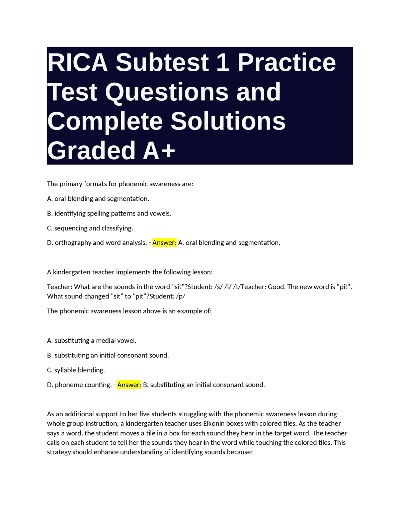 RICA Subtest 1 Practice Test Questions and Complete Solutions Graded A+ ...