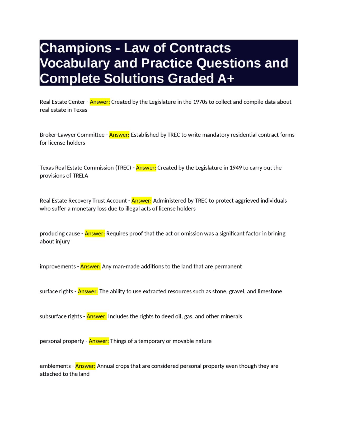 Champions - Law of Contracts Vocabulary and Practice Questions and ...