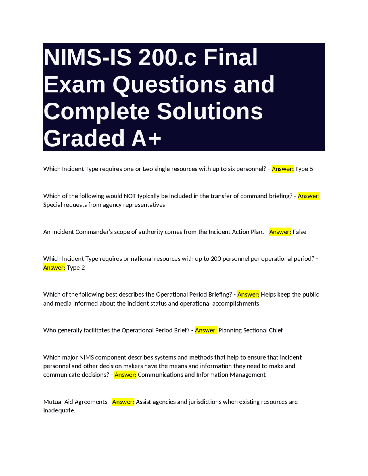 NIMS-IS 200.c Final Exam Questions and Complete Solutions | Exams ...