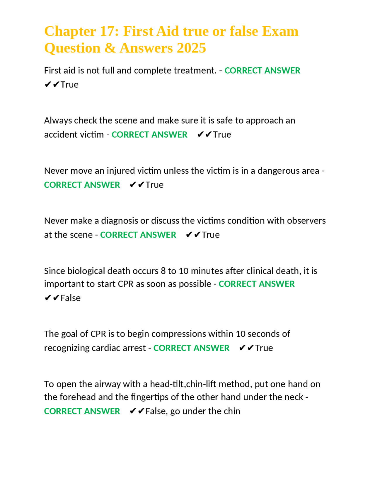 Chapter 17: First Aid true or false Exam Question & Answers 2025 ...