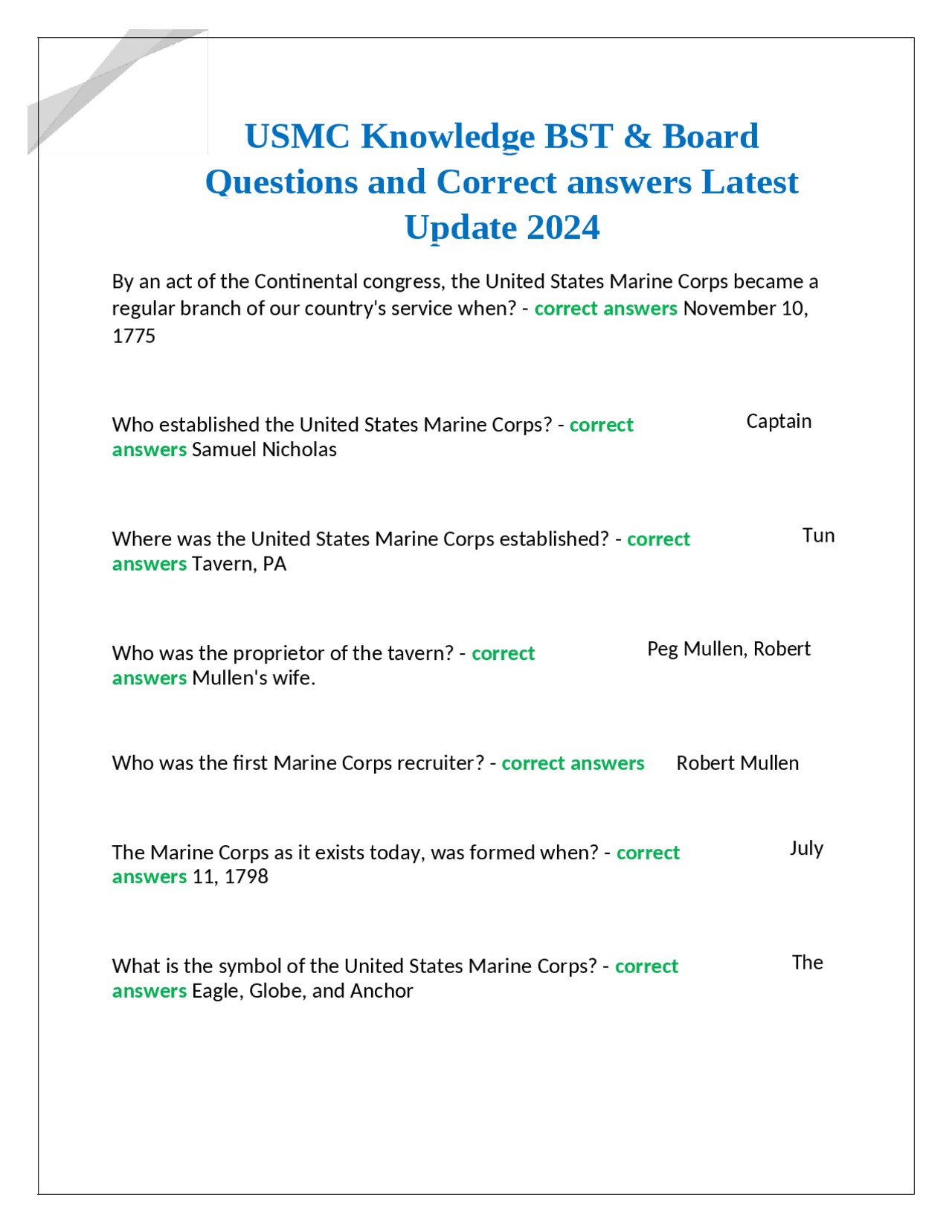 USMC Knowledge BST Board Test Questions and Correct Answers 2024 ...