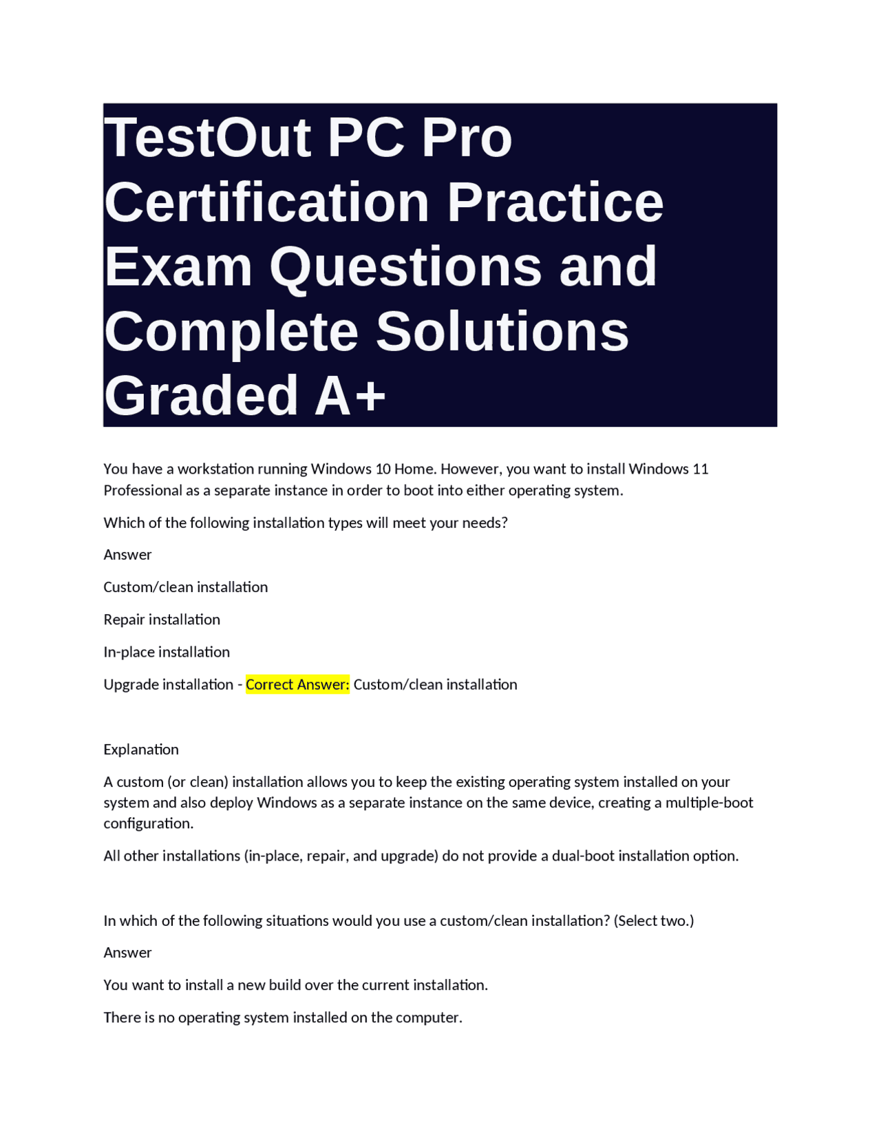 TestOut PC Pro Certification Practice Exam Questions and Complete ...