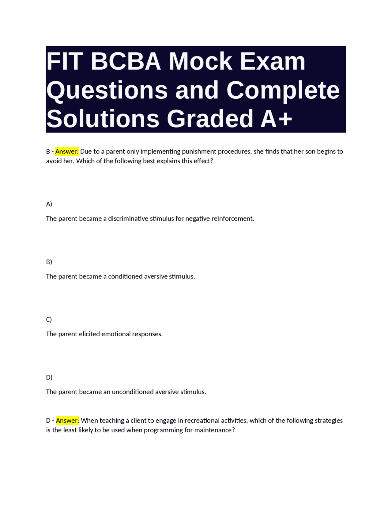 FIT BCBA Mock Exam Questions and Complete Solutions Graded A+ | Exams ...
