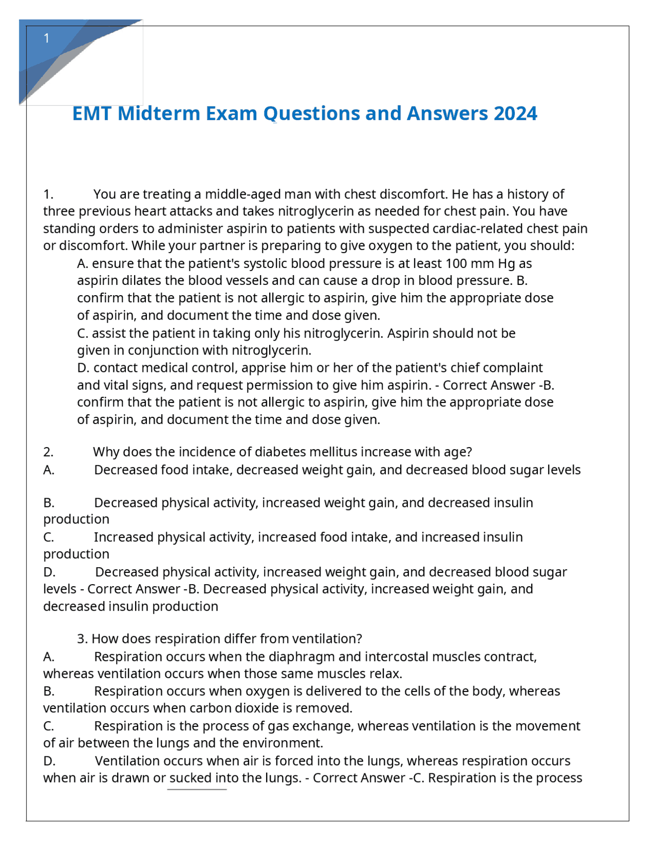 EMT Midterm Exam Questions and Answers 2024 | Exams Nursing | Docsity