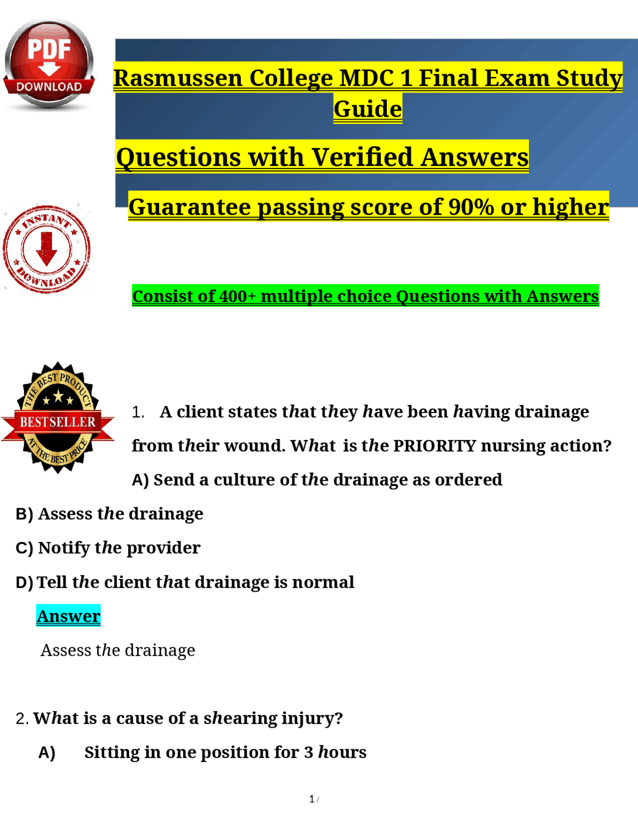 Rasmussen College MDC 1 Final Exam Study Guide (Latest 2025 / 2026 ...