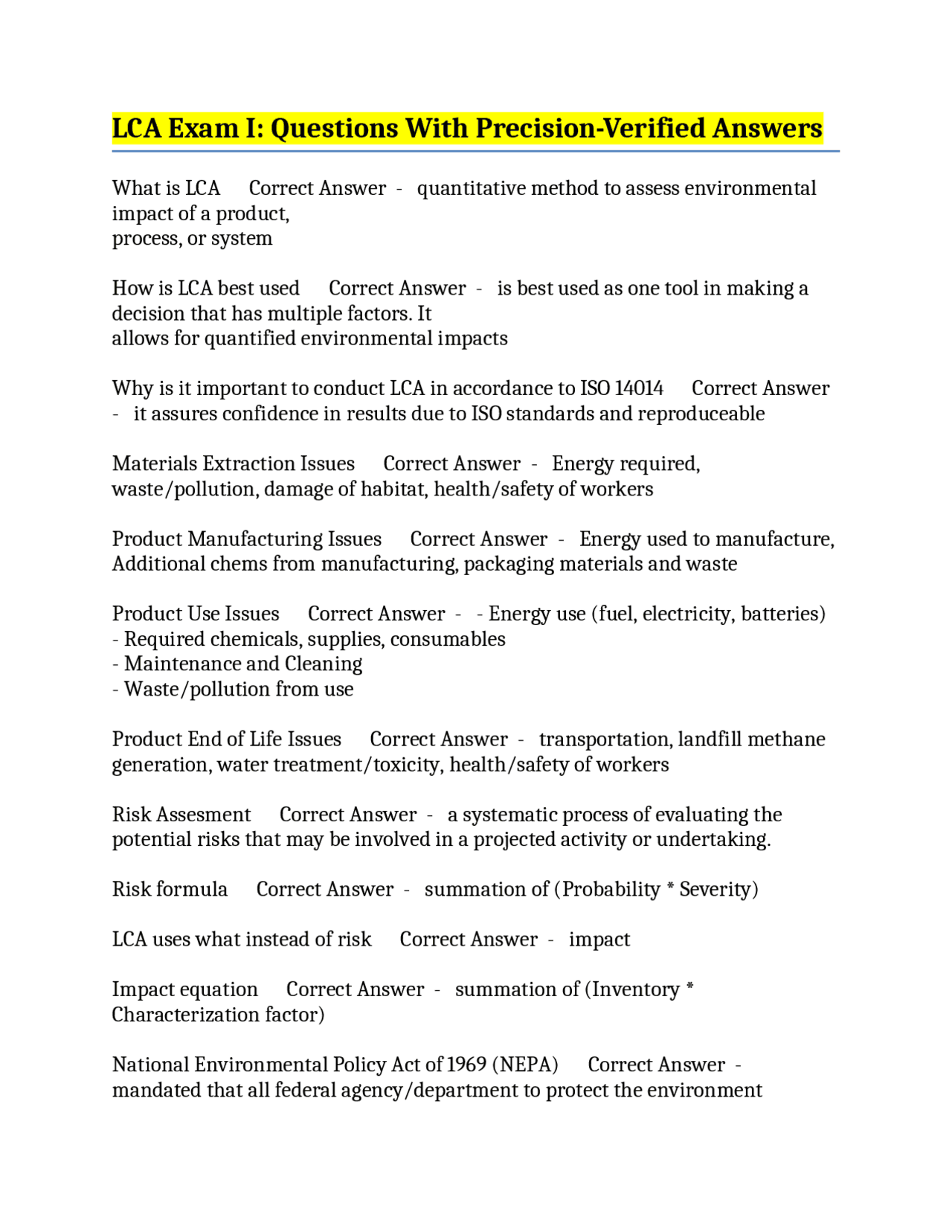 Life Cycle Assessment (LCA) Exam I: Questions and Answers | Exams ...