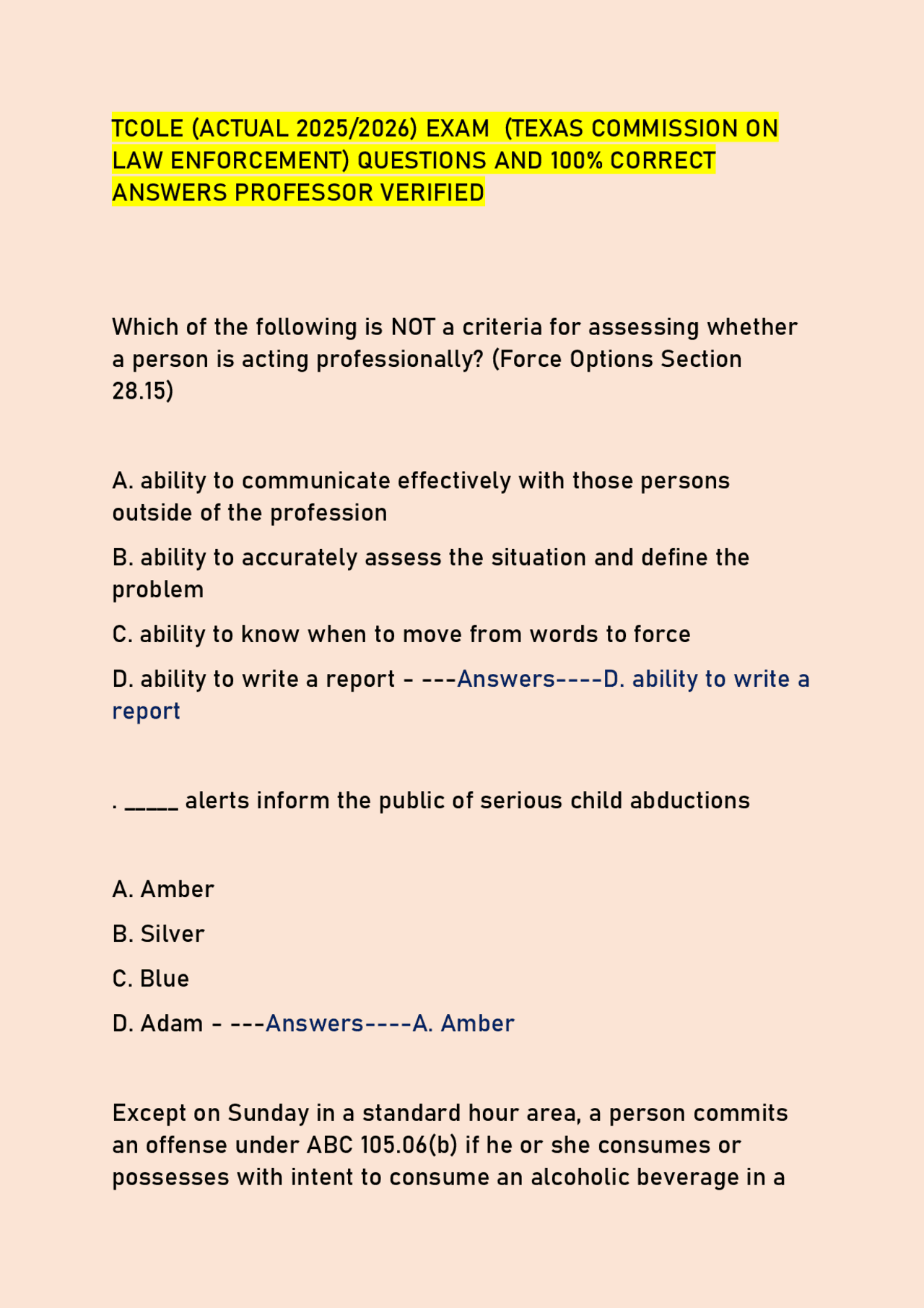 TCOLE (ACTUAL 2025/2026) EXAM (TEXAS COMMISSION ON LAW ENFORCEMENT ...