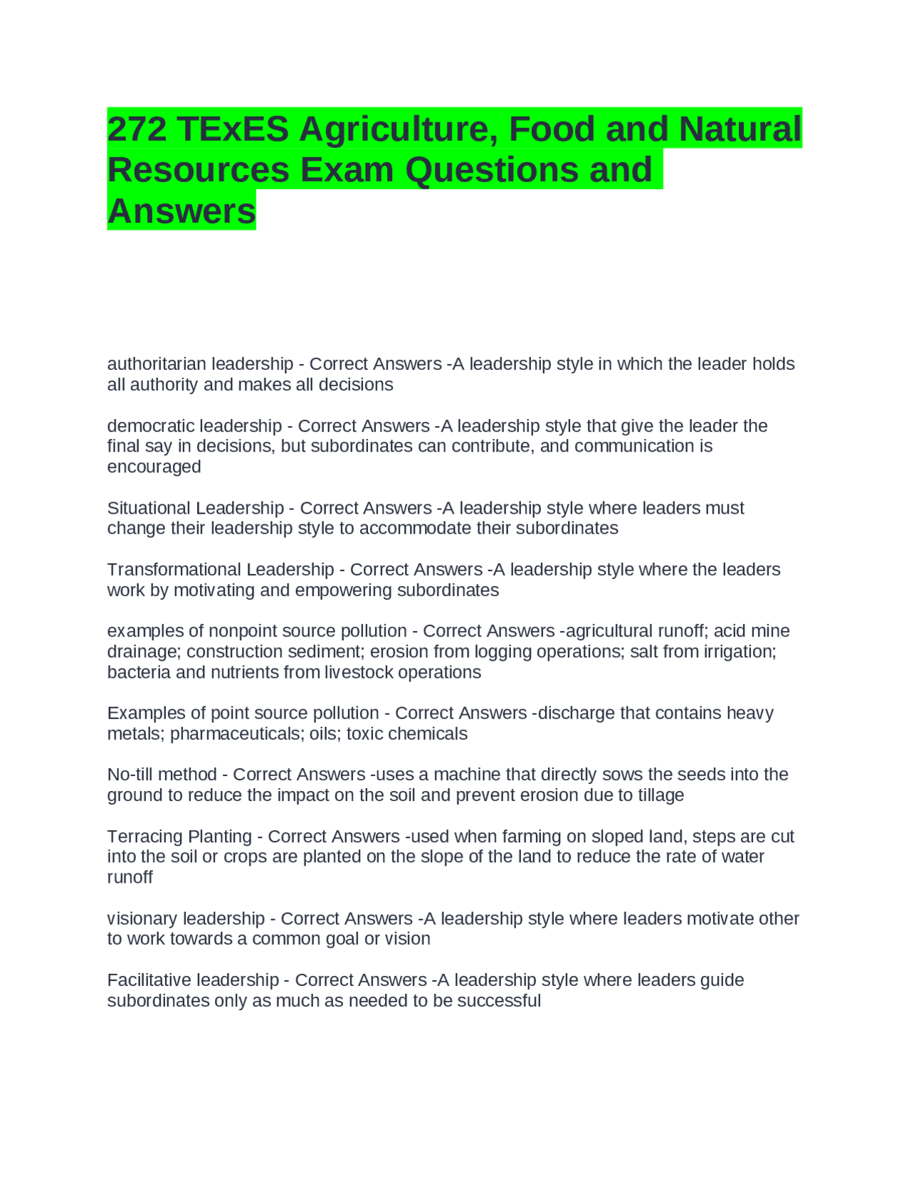 272 TExES Agriculture, Food and Natural Resources Exam Questions and ...