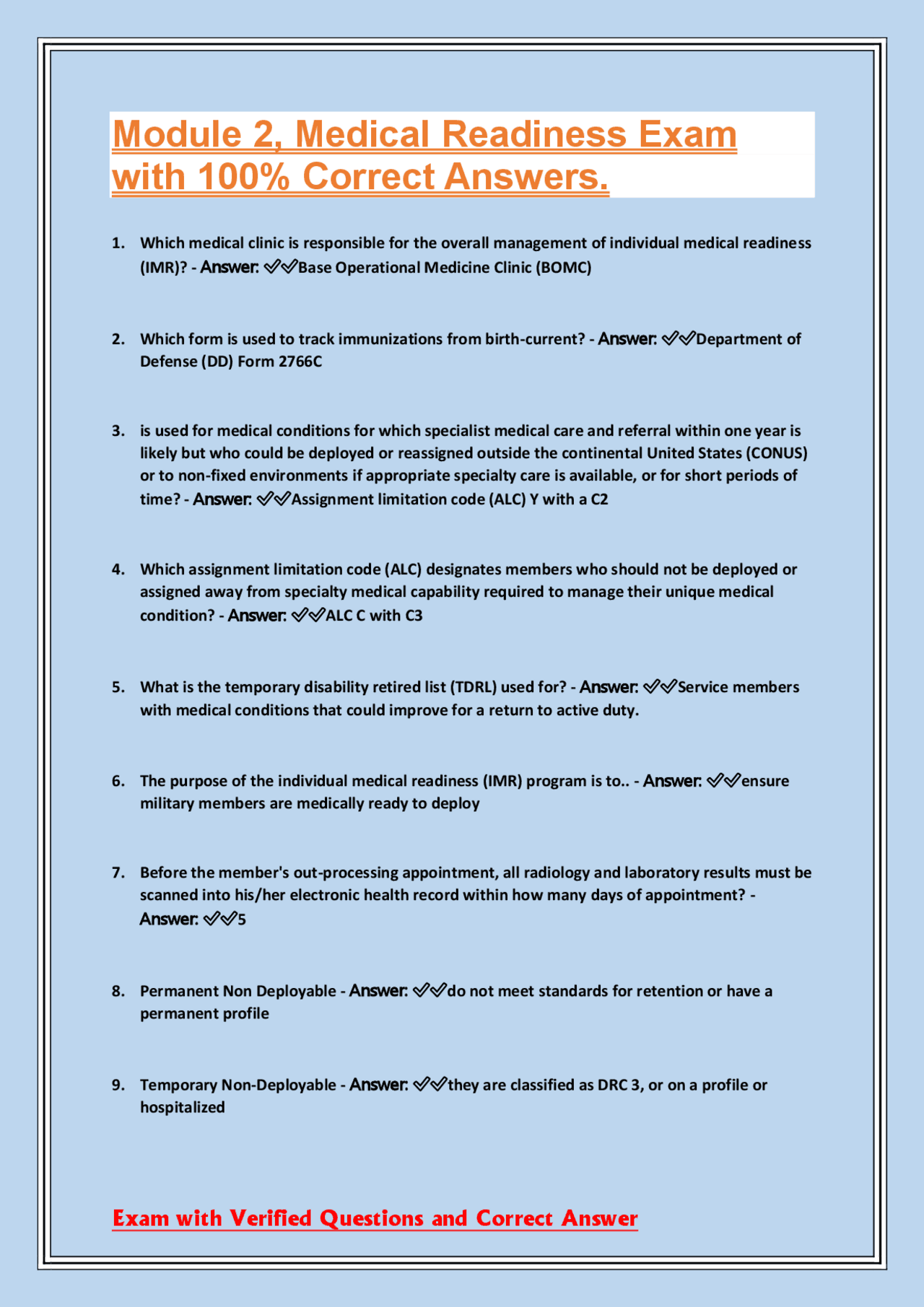 Medical Readiness Exam: Module 2 - Questions and Answers | Exams ...