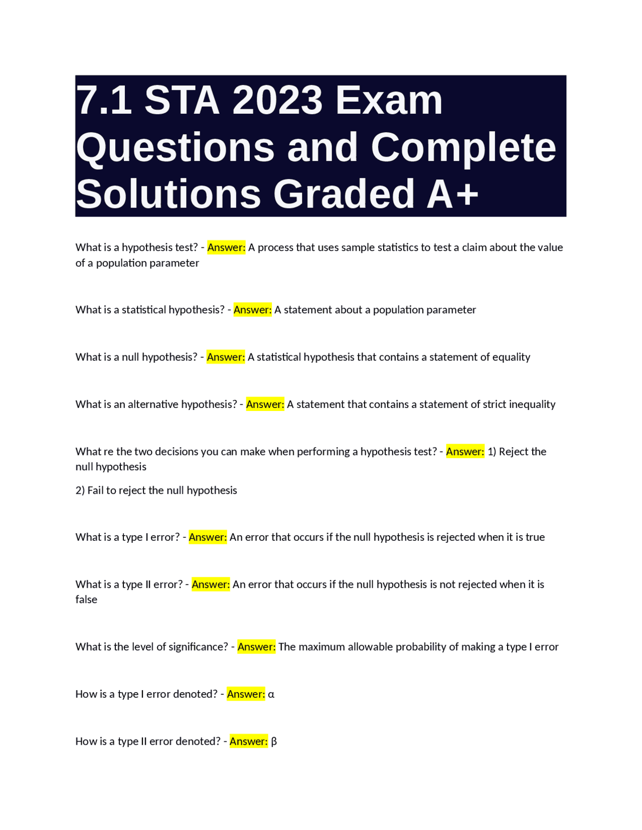 7.1 STA 2023 Exam Questions and Complete Solutions Graded A+ | Exams ...