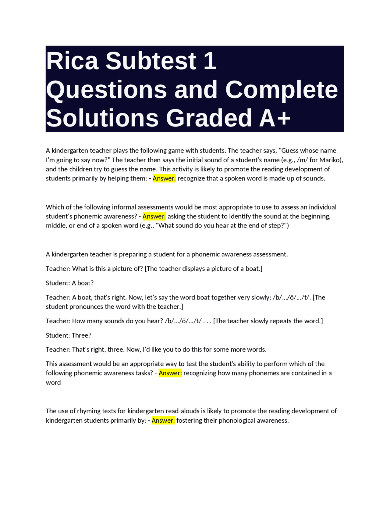 Rica Subtest 1 Questions and Complete Solutions Graded A+ | Exams ...