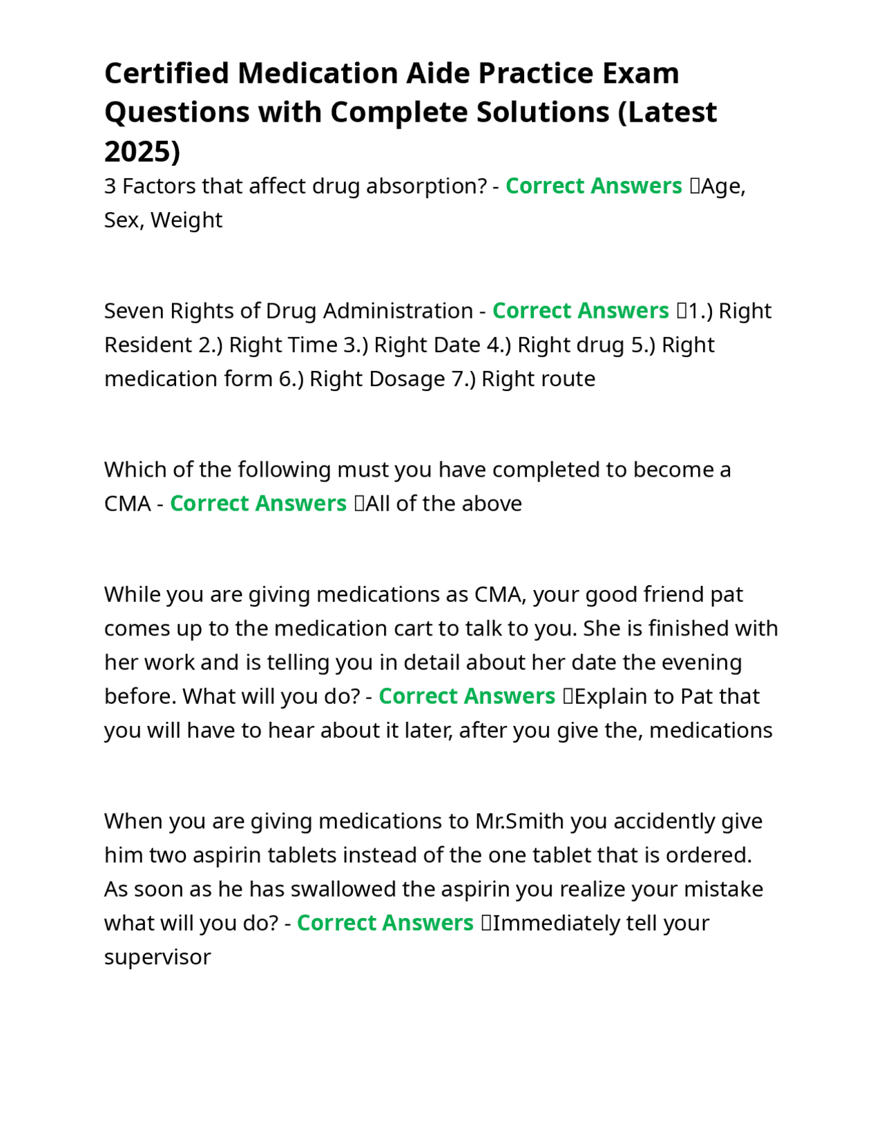 Certified Medication Aide Practice Exam Questions with Complete ...