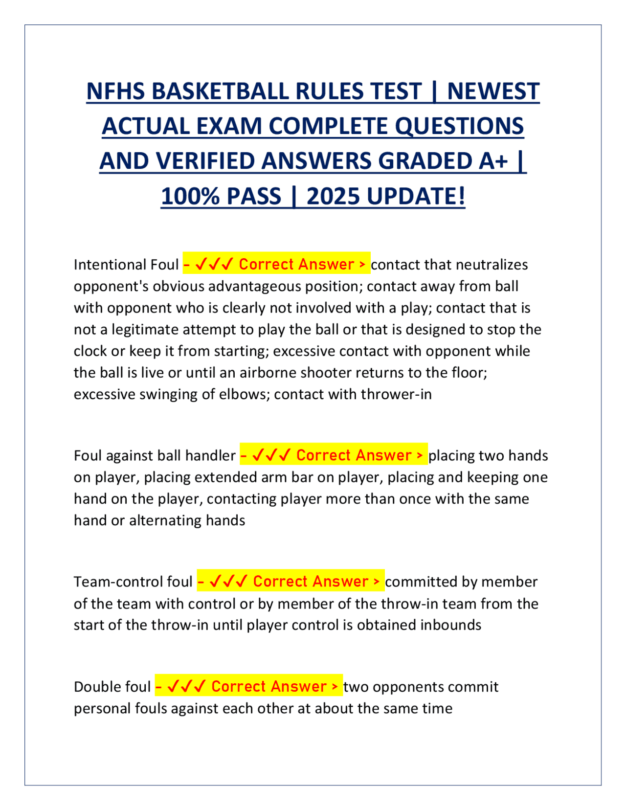 NFHS BASKETBALL RULES TEST | NEWEST ACTUAL EXAM COMPLETE QUESTIONS AND ...