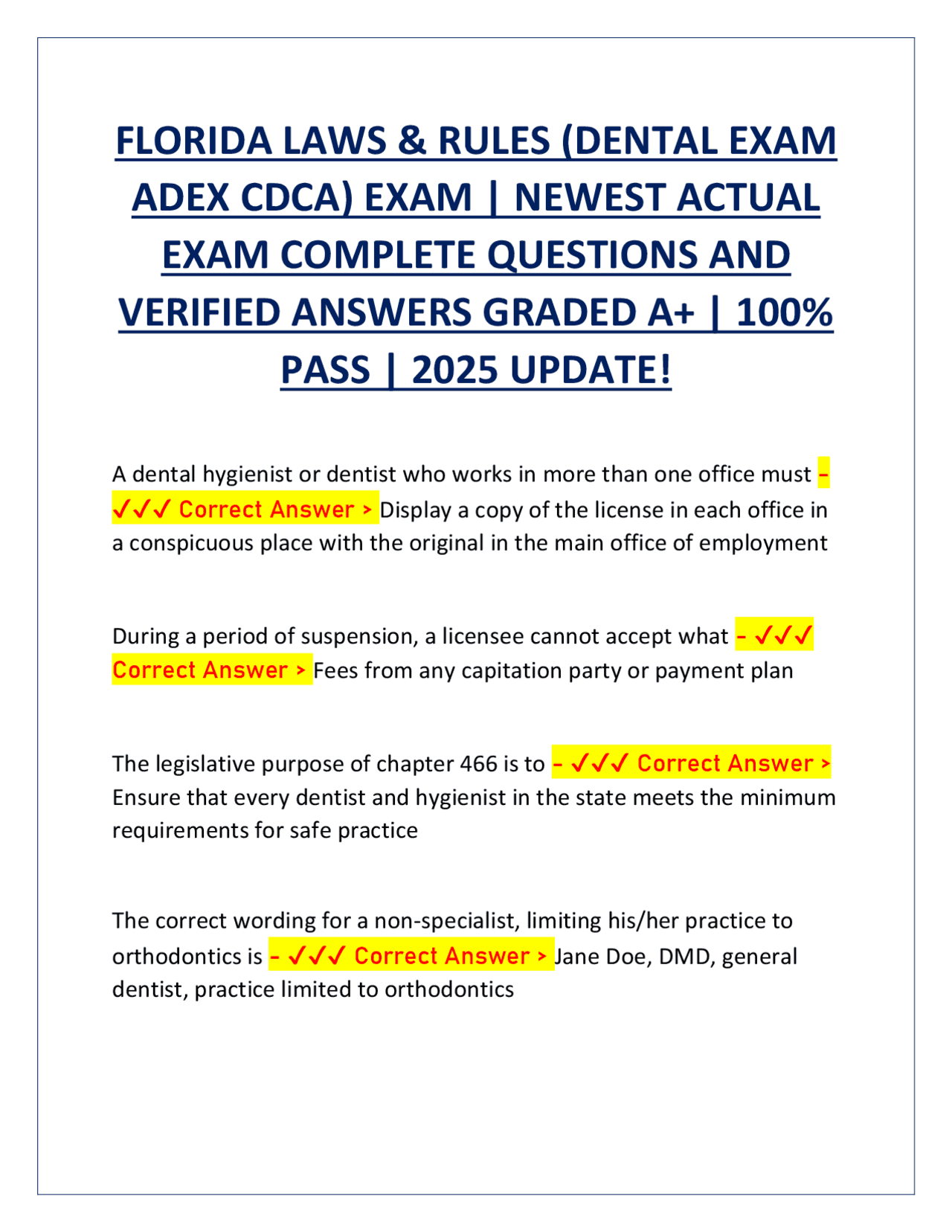 FLORIDA LAWS & RULES (DENTAL EXAM ADEX CDCA) EXAM | NEWEST ACTUAL EXAM ...