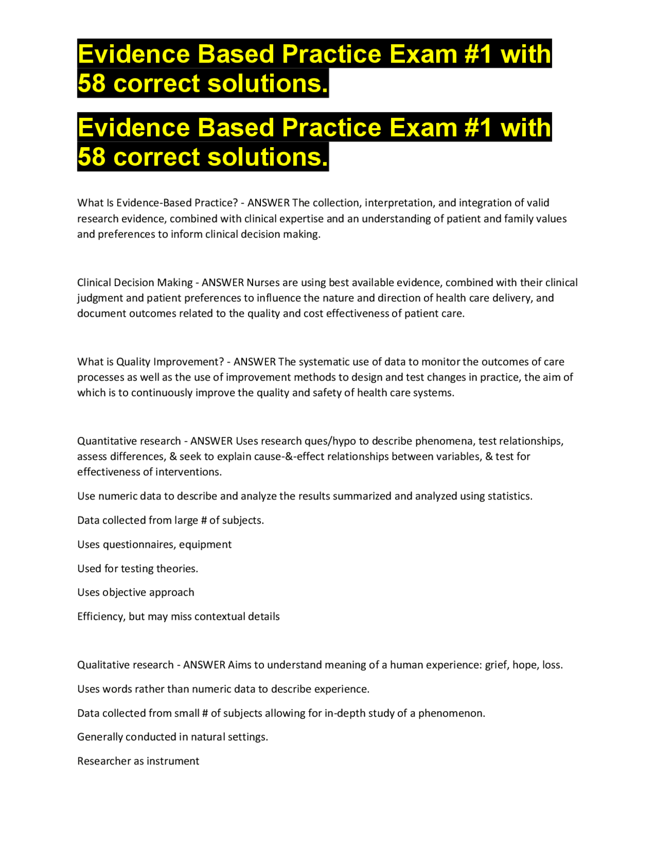 Evidence Based Practice Exam #1 with 58 correct solutions. | Exams ...