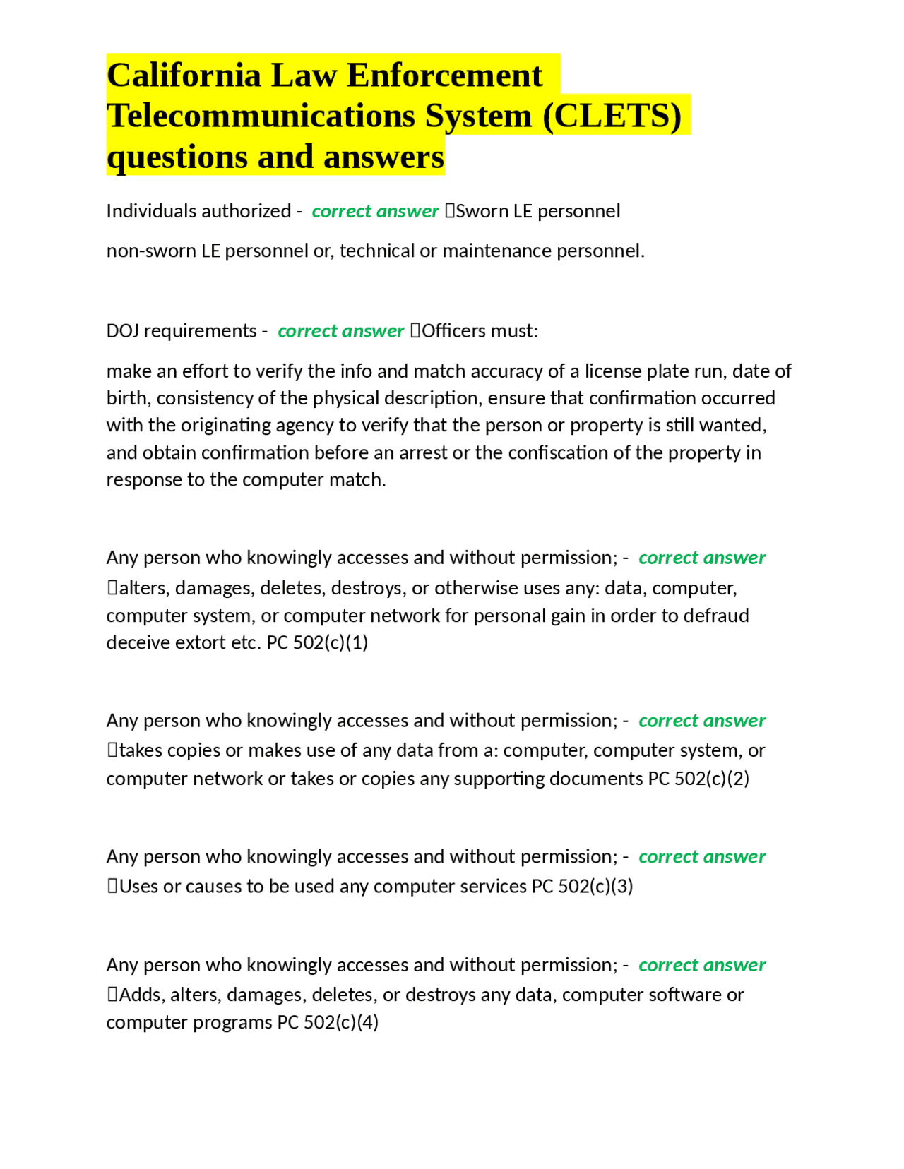 California Law Enforcement Telecommunications System (CLETS) Questions ...