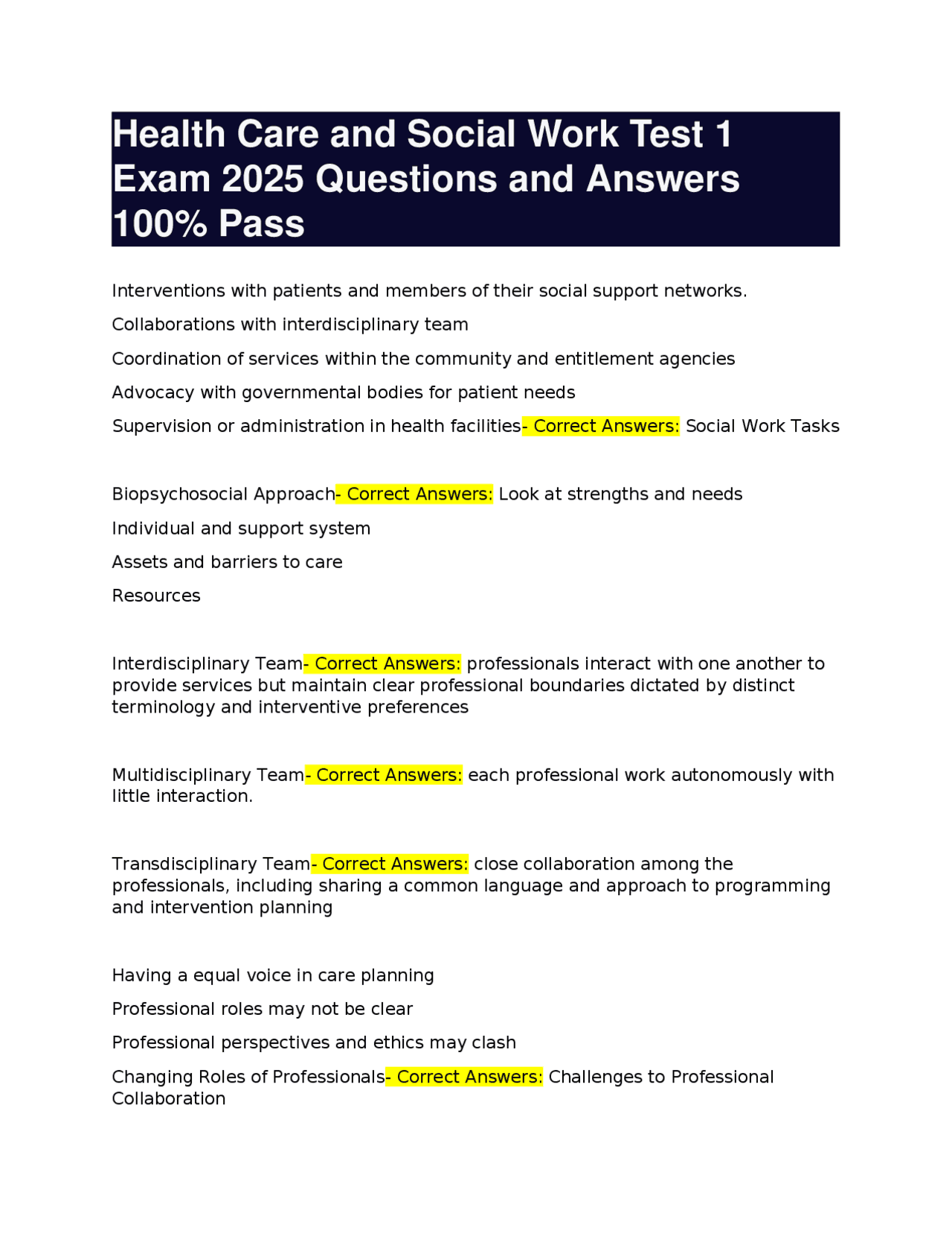 Health Care and Social Work Test 1: Exam 2025 Questions and Answers ...