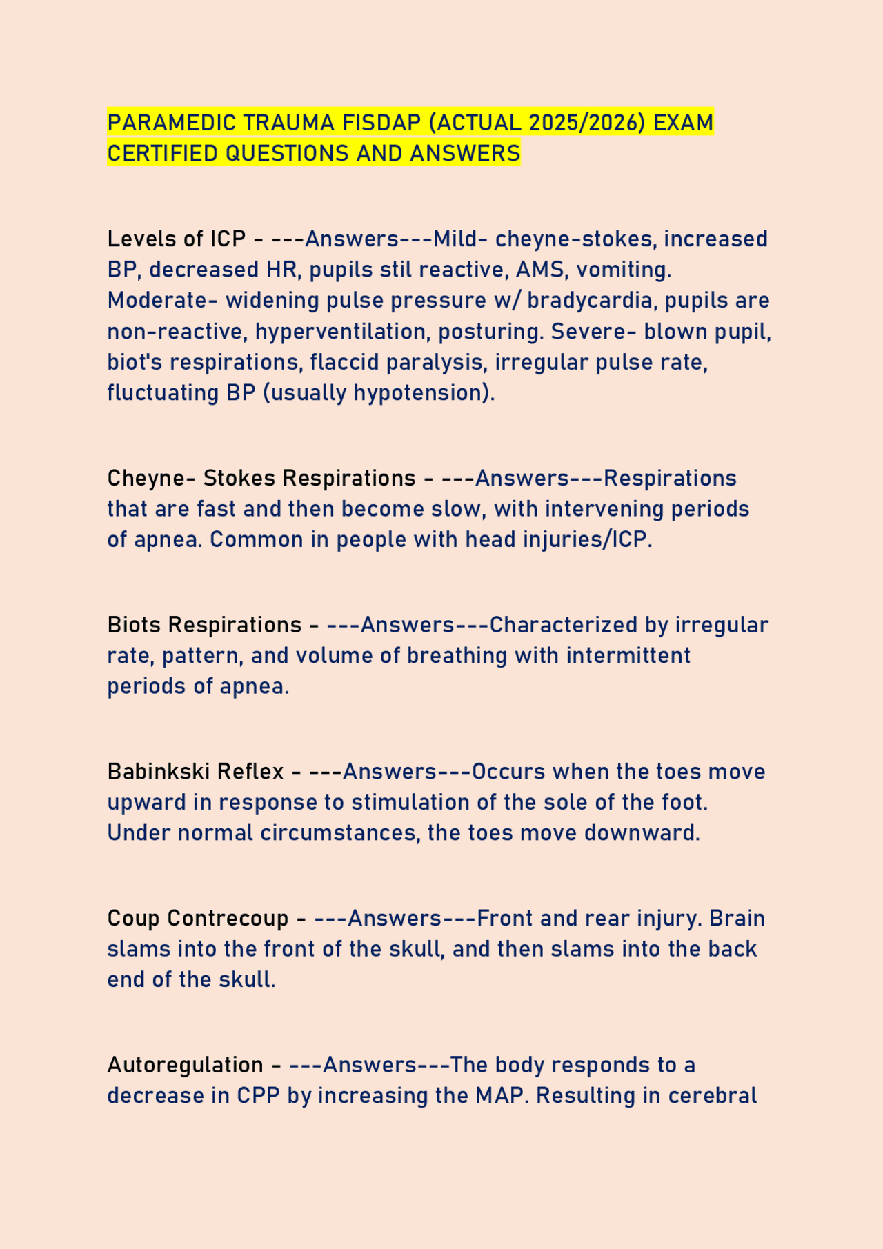 PARAMEDIC TRAUMA FISDAP (ACTUAL 2025/2026) EXAM CERTIFIED QUESTIONS AND ANSWERS | Exams Nursing ...