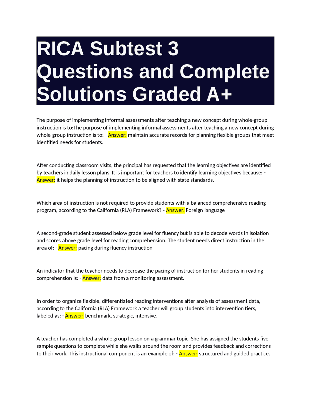 RICA Subtest 3 Questions and Complete Solutions Graded A+ | Exams ...