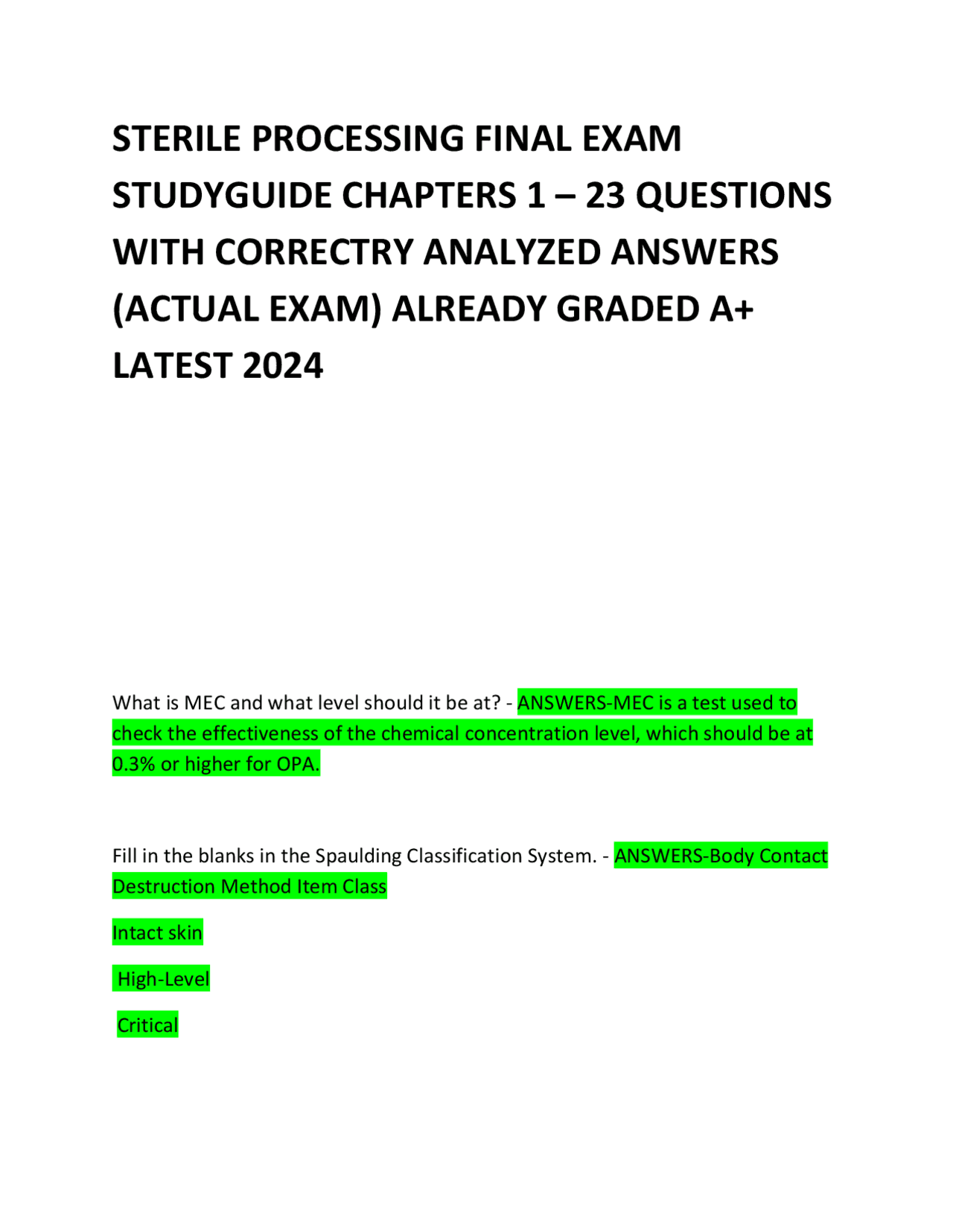 STERILE PROCESSING FINAL EXAM STUDYGUIDE CHAPTERS 1 – 23 QUESTIONS AND ...