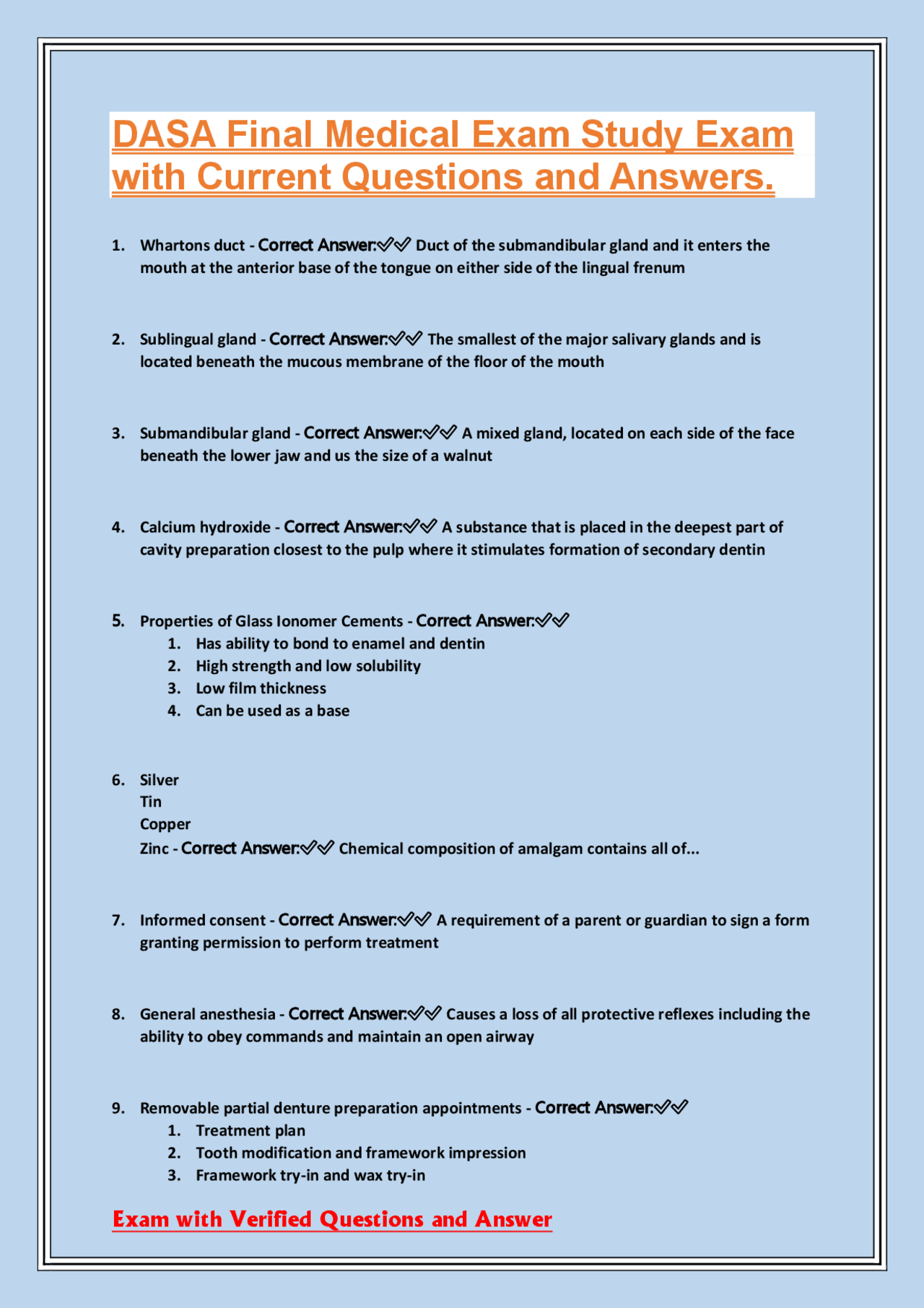 DASA Final Medical Exam Study Exam with Current Questions and Answers ...