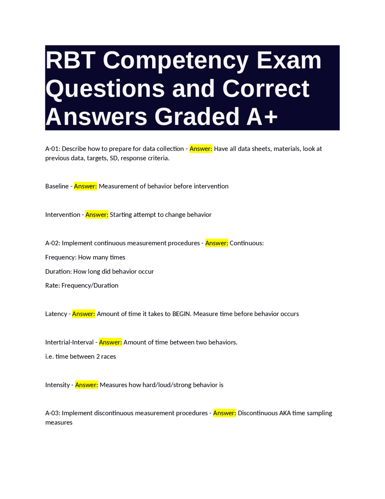 RBT Competency Exam Questions and Correct Solutions Graded A+ | Exams ...