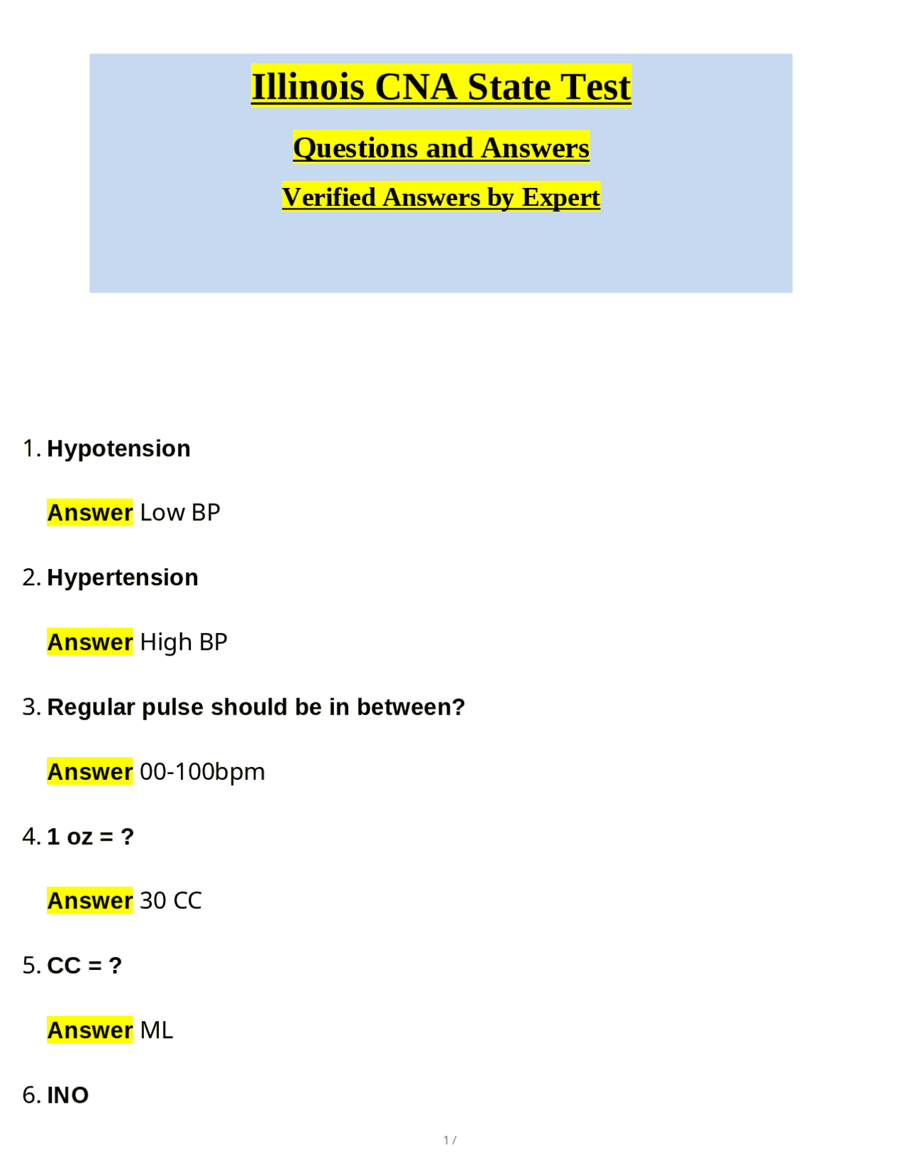 CNA State Test Illinois (Latest 2025 / 2026 Update) Questions and ...