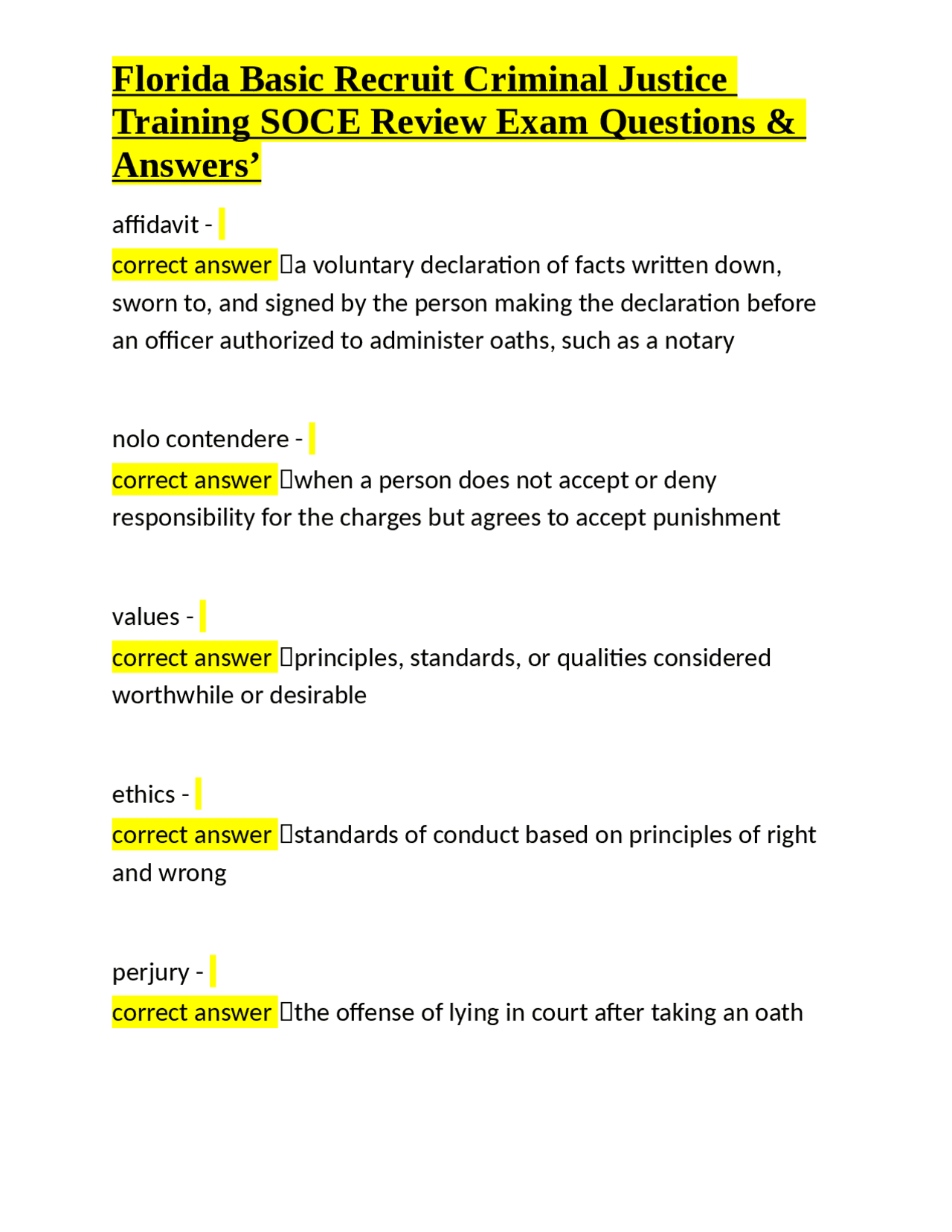 Florida Basic Recruit Criminal Justice Training SOCE Review Exam ...