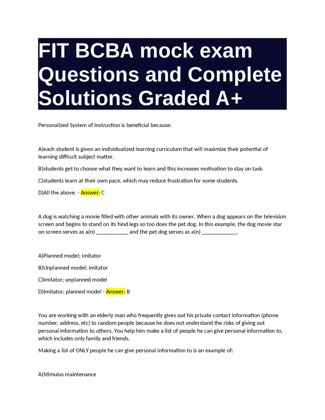 FIT BCBA mock exam Questions with Complete Solutions Graded A+ | Exams ...