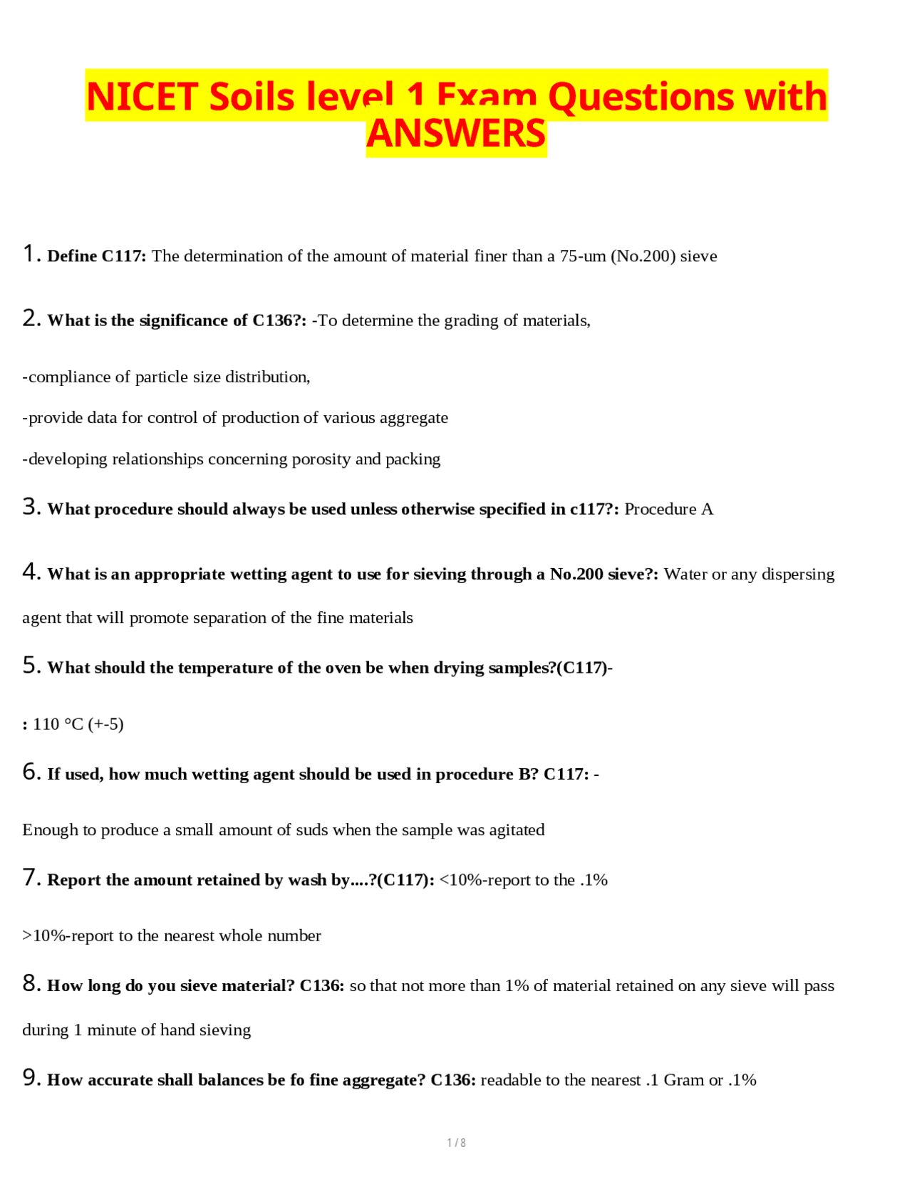 NICET Soils level 1 Exam Questions with ANSWERS | Exams Engineering ...