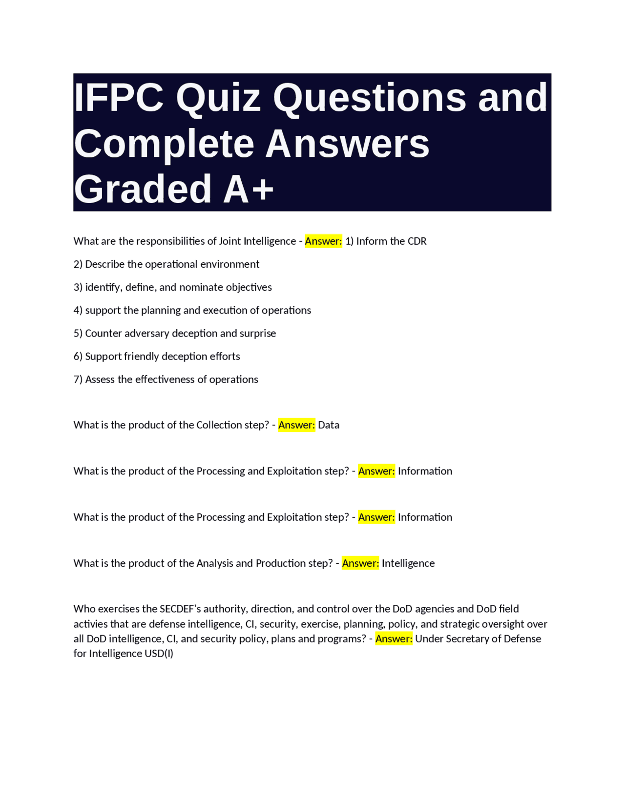 IFPC Quiz Questions and Complete Answers Graded A+ | Exams Military ...