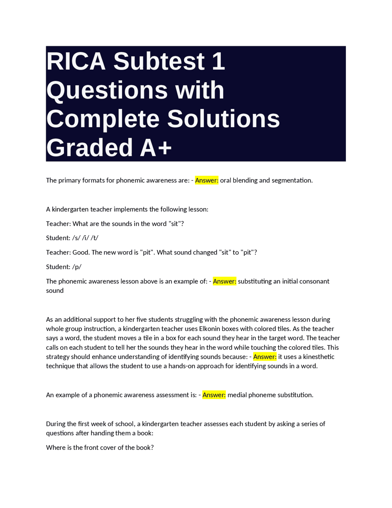RICA Subtest 1 Questions with Complete Solutions Graded A+ | Exams ...