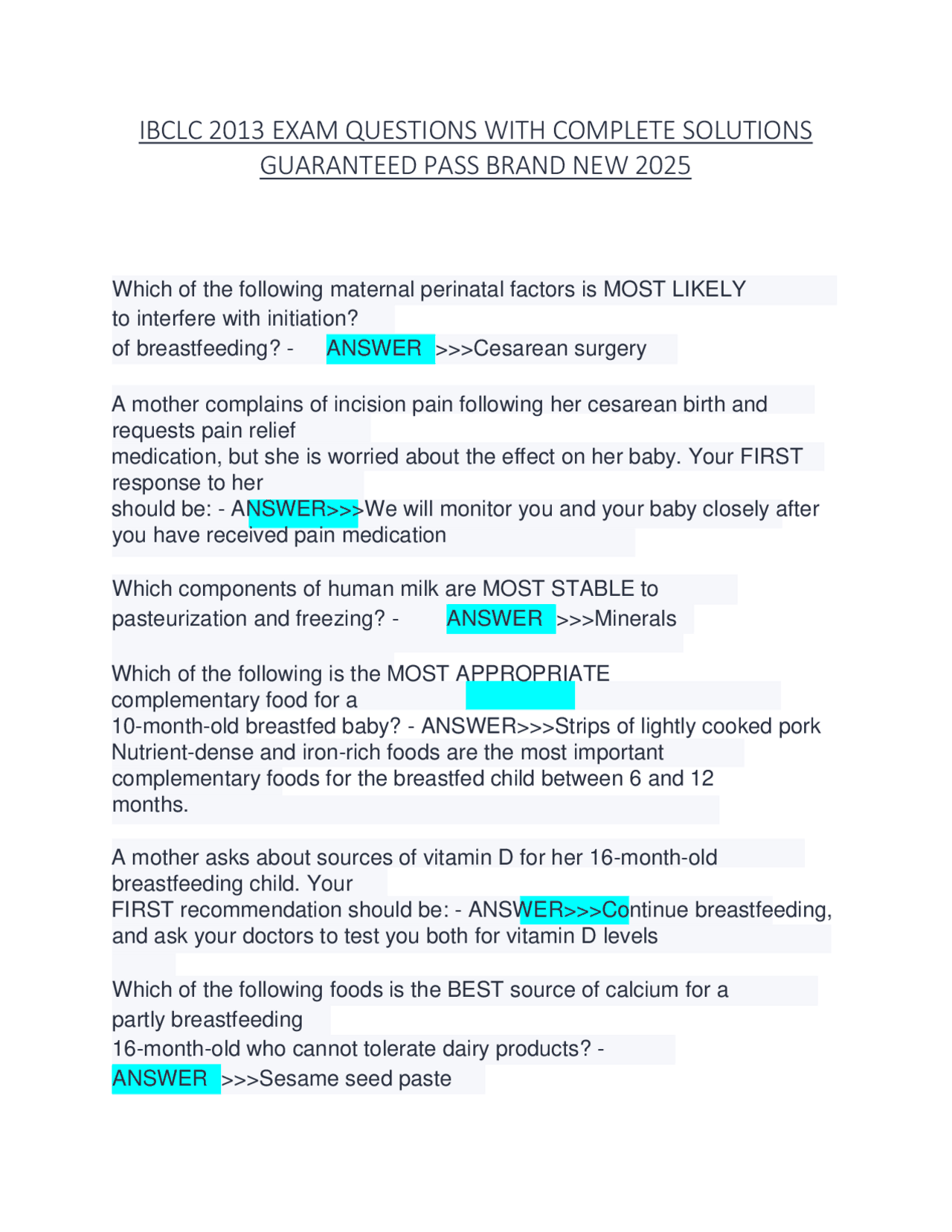 IBCLC 2013 EXAM QUESTIONS WITH COMPLETE SOLUTIONS GUARANTEED PASS BRAND ...