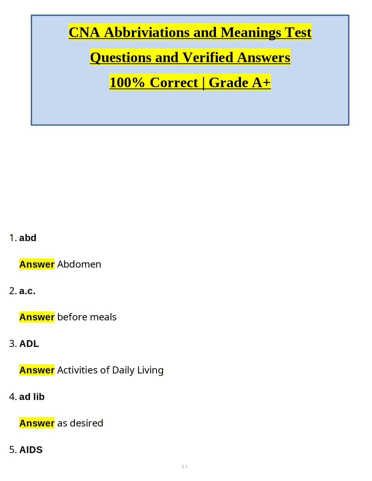 CNA Abbriviations and Meanings Test (Latest 2025 / 2026 Update ...