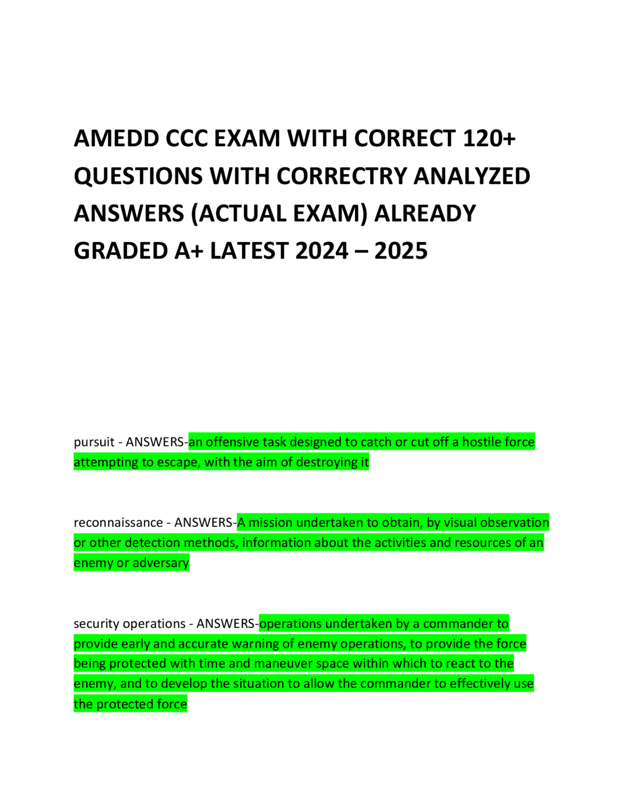 AMEDD CCC EXAM WITH CORRECT 120+ QUESTIONS WITH CORRECTRY ANALYZED ...