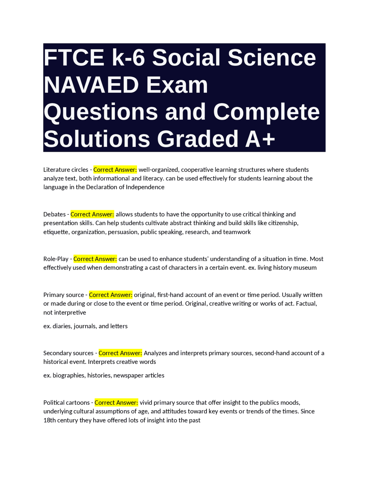 FTCE k-6 Social Science NAVAED Exam Questions and Complete Solutions ...