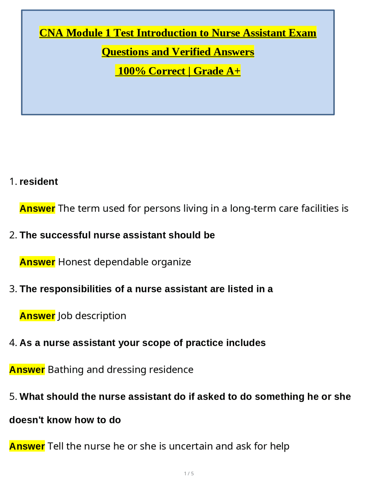 CNA Module 1 Test Introduction to Nurse Assistant Exam (Latest 2025 / ...