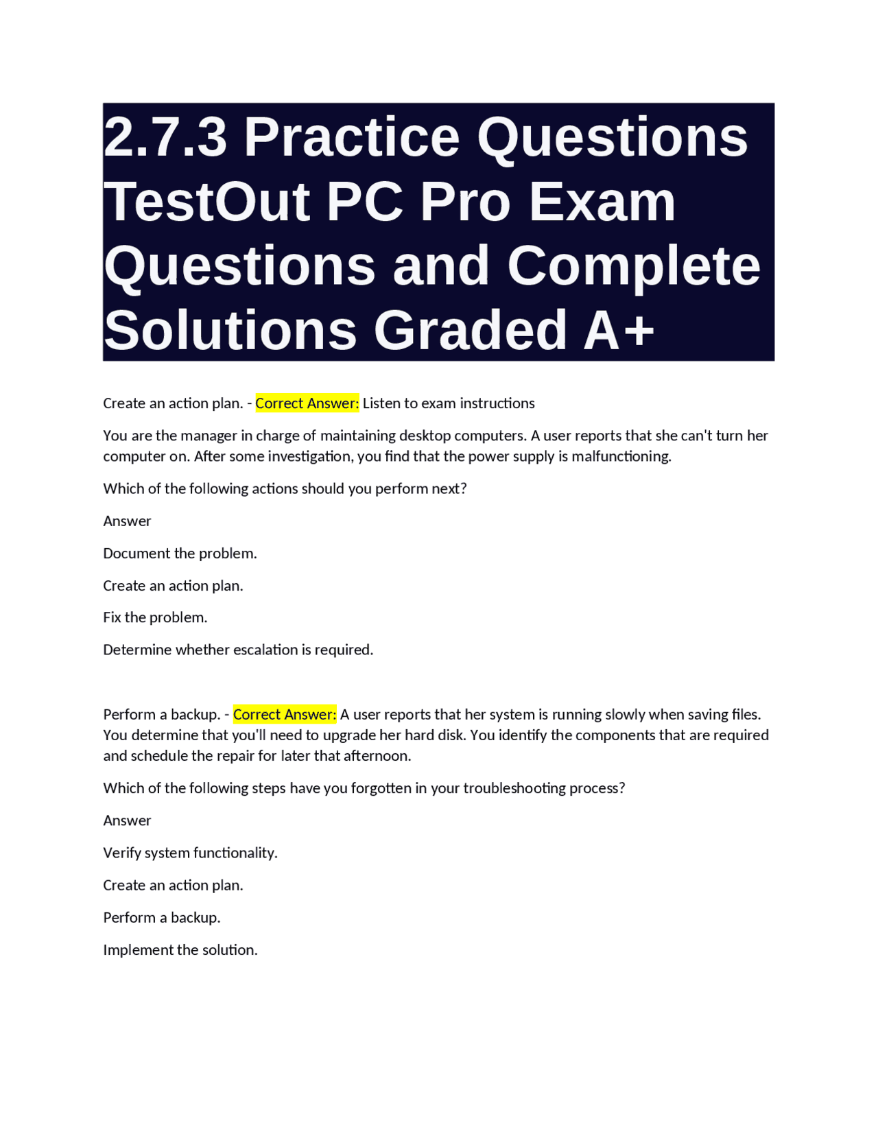 TestOut PC Pro Exam Practice Questions and Solutions | Exams Computer ...