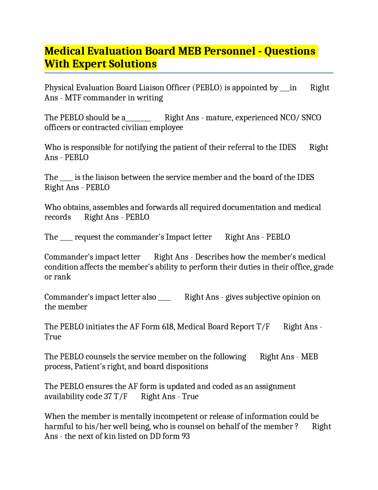 Medical Evaluation Board (MEB) Personnel: Questions and Answers | Exams ...