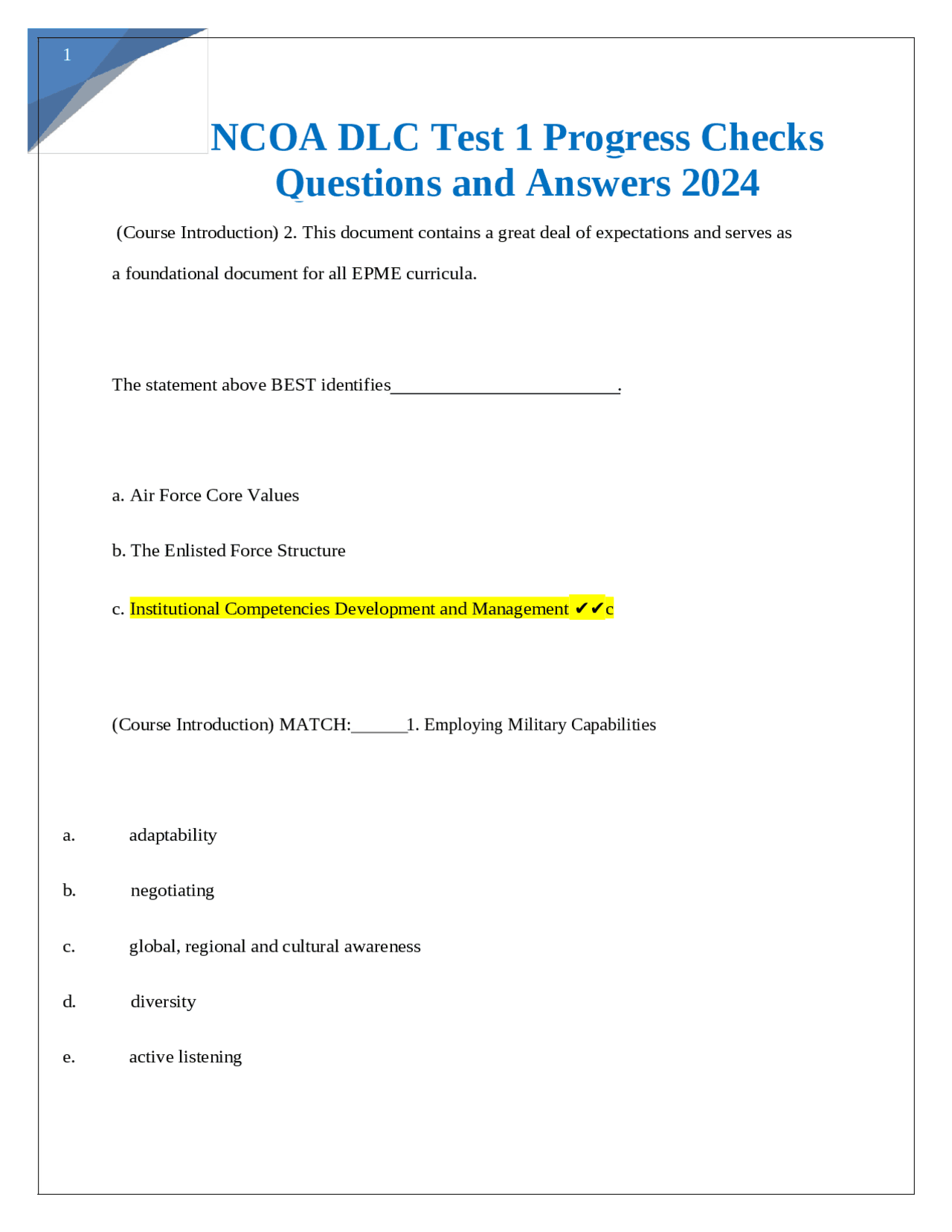 NCOA DLC Test 1 Progress Checks: Questions and Answers 2024 (Course ...