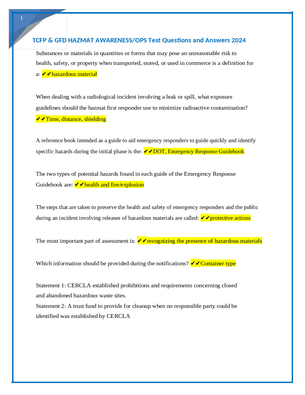 TCFP & GFD HAZMAT AWARENESS/OPS Test Questions and Answers 2024 | Exams ...