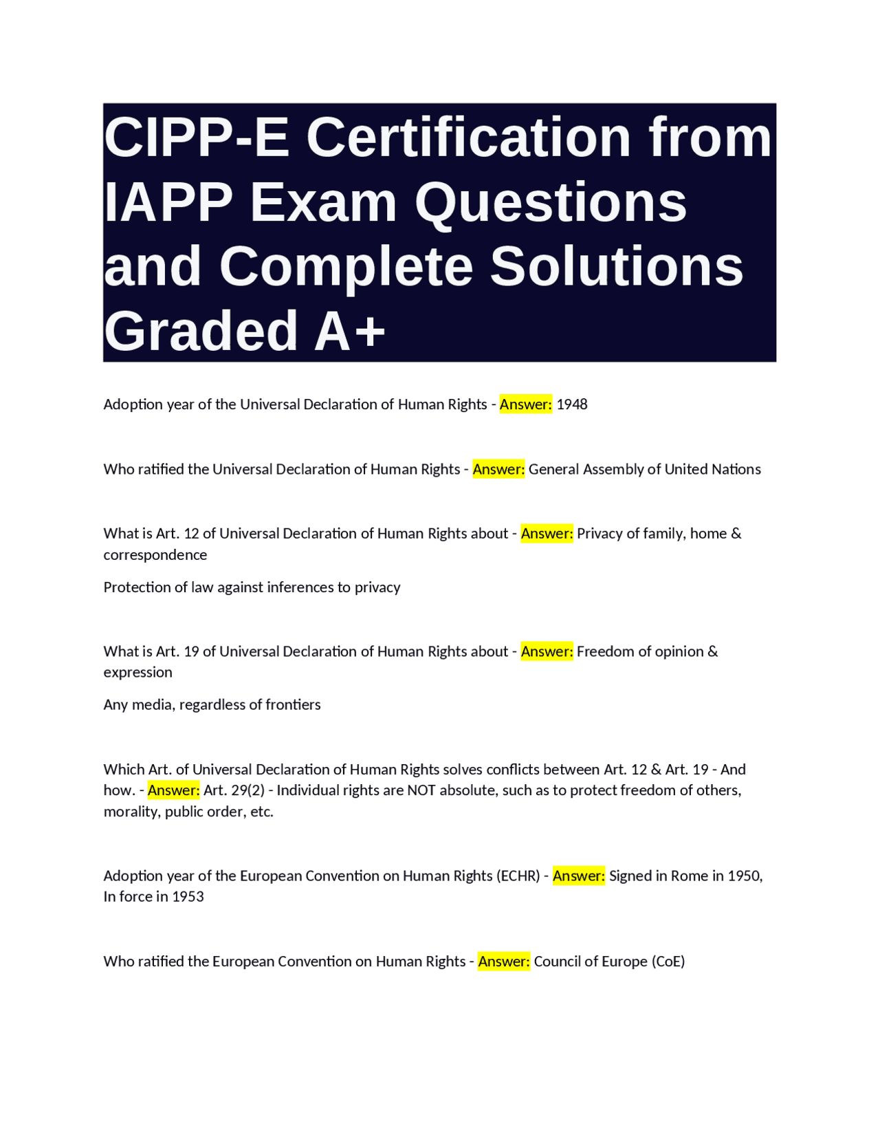 CIPP-E Certification from IAPP Exam Questions and Complete Solutions Graded A+ | Exams Law | Docsity